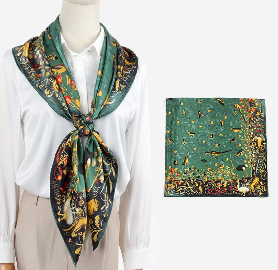 ANDANTINO 100% Pure Mulberry Silk Scarf 43" Large Square Lightweight Headscarf& Shawl–Women Hair Wraps-With Gift Packed (Jade Green-Birds)