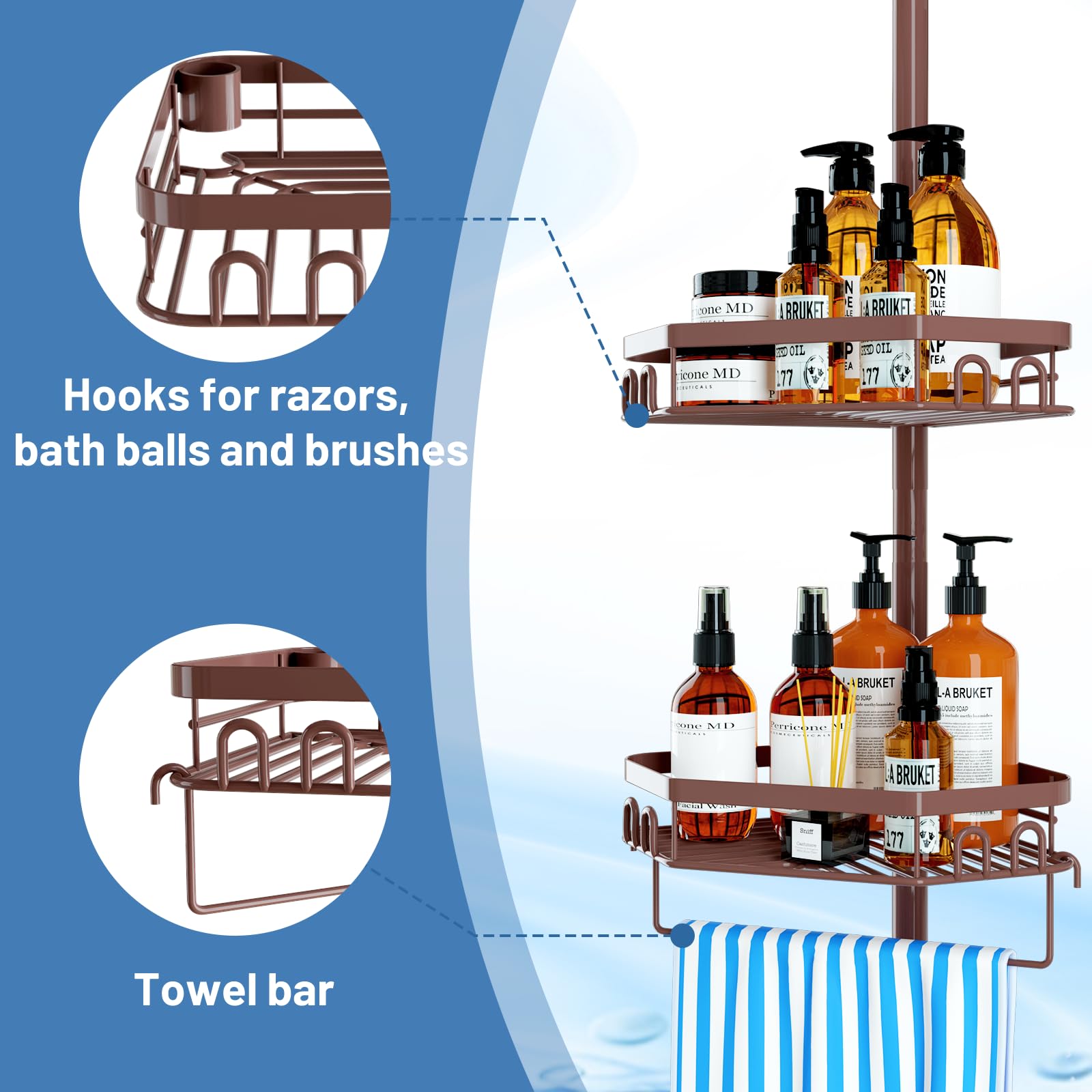 Shower Caddy Corner Tension Pole Stainless Organizer for Bathroom, Rustproof 4 Large Shelves and 2 Small Basket for Bathtub Shampoo Accessories Storage, 23.6 to 114.5 Inch Height Adjustable (Black)
