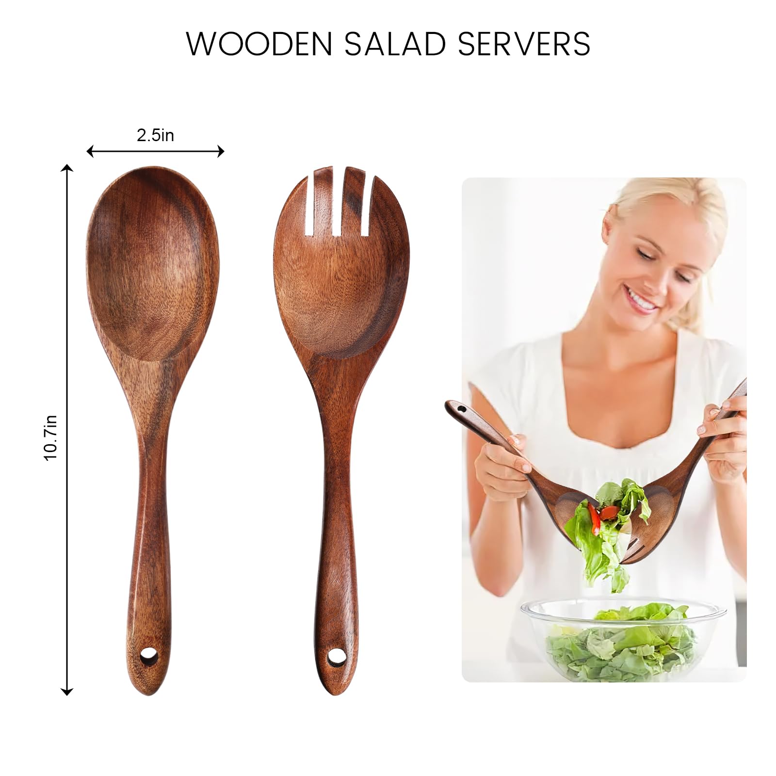 LOVEINUSA Salad Servers, 10.7in Wood Salad Tongs Salad Serving Set Salad Serving Tossing Utensils for Mixing, Tossing and Cooking