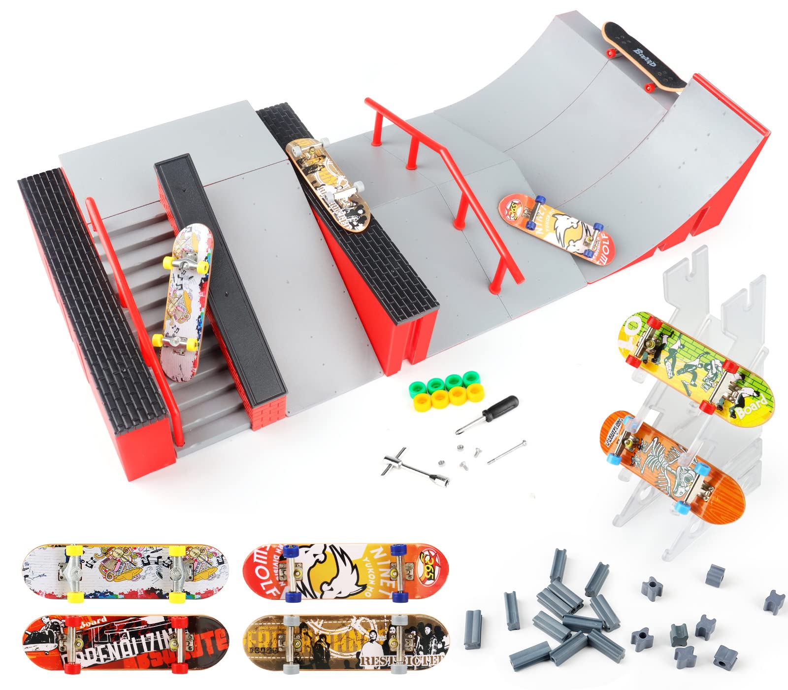 Finger Skateboard Ramp Set, MOMSIV 3PCS Combined Mini Desktop Finger Skate Park Kit with Kickers Stair and Handrails Parts for Ultimate Finger Tech Training Props Cake Decor Interactive Game - Style A