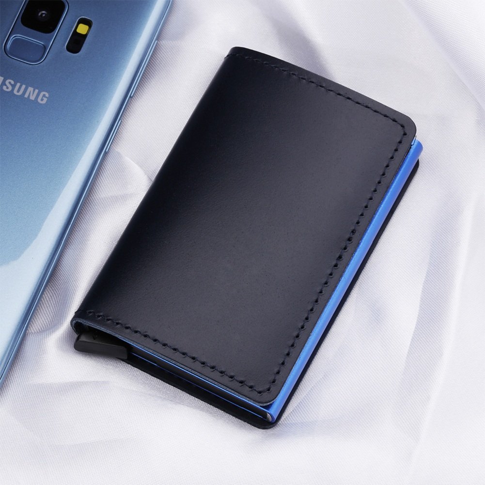 Dlife Credit Card Holder RFID Blocking Wallet Slim Wallet Cowhide Leather Vintage Aluminum Business Card Holder Automatic Pop-up Card Case Wallet Security Travel Wallet (Blue Case)