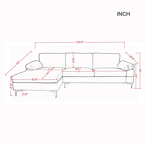 BENDIC Modern Velvet Fabric, L-Shape Couch with Extra Wide Chaise Lounge and Removable Cushions, Sectional Sofa for Living Room, Left Hand Facing,Up to 3 Seating Capacity,Black
