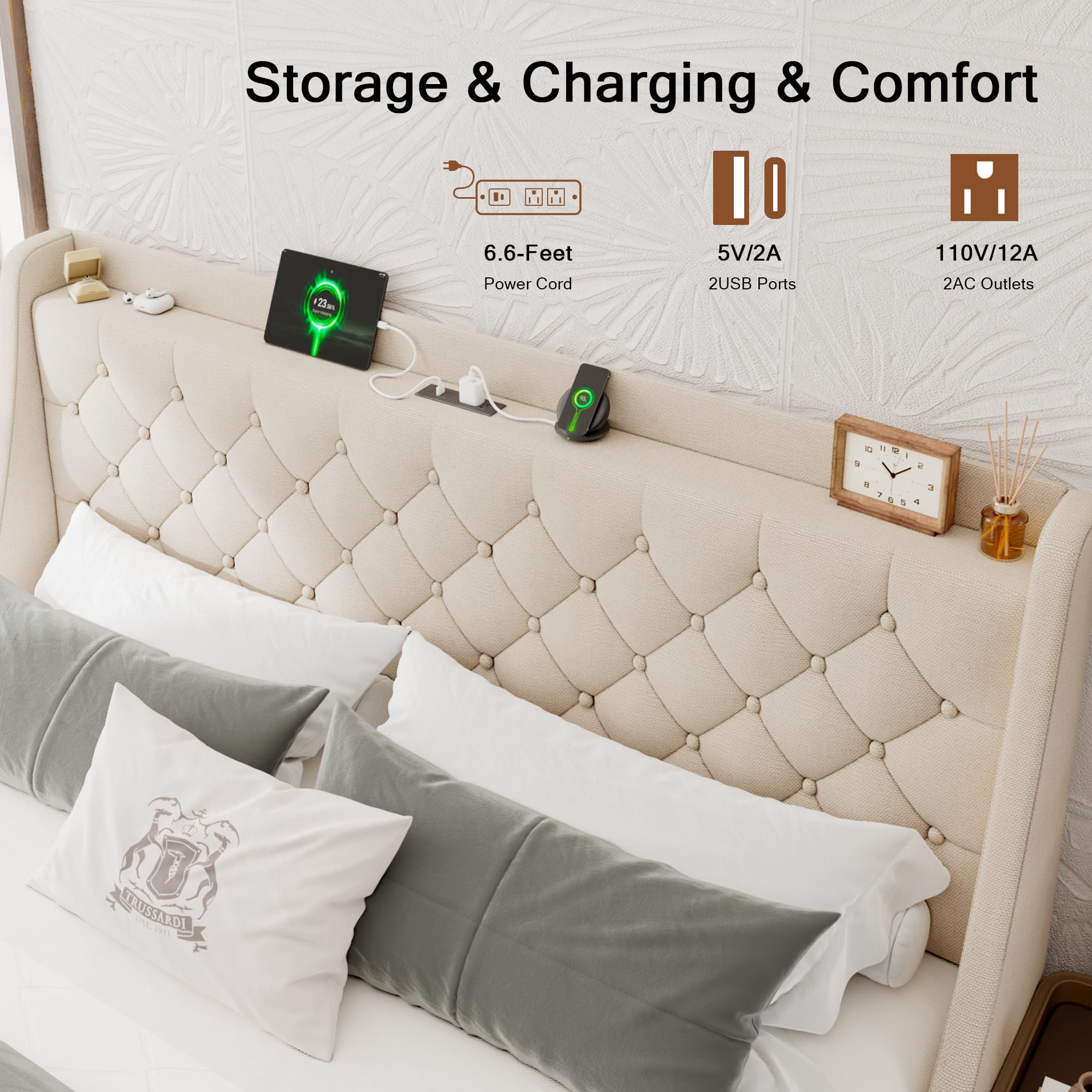 Einhomn Upholstered King Size Bed Frame with 4 Storage Drawers, Platform Bed Frame with Wingback Headboard, Charging Station, No Box Spring Needed, Beige