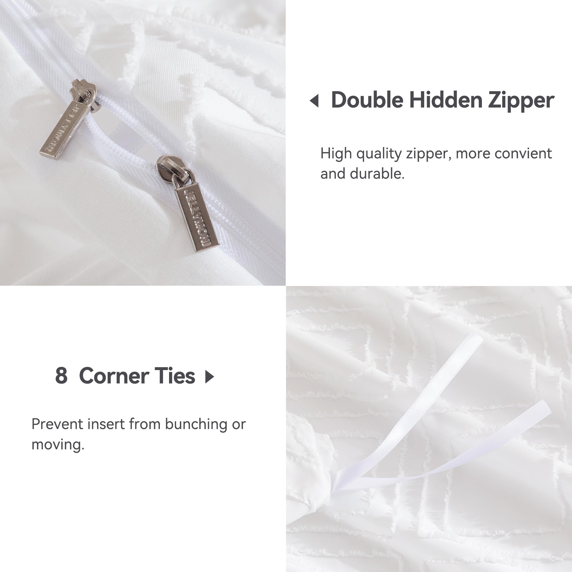 JELLYMONI Bright White Duvet Cover Queen Size - 3PCS Microfiber Tufted Duvet Cover Set, Boho Textured Duvet Cover Jacquard Rhombus Geometric Pattern Duvet Cover with Corner Ties & Zipper Closure