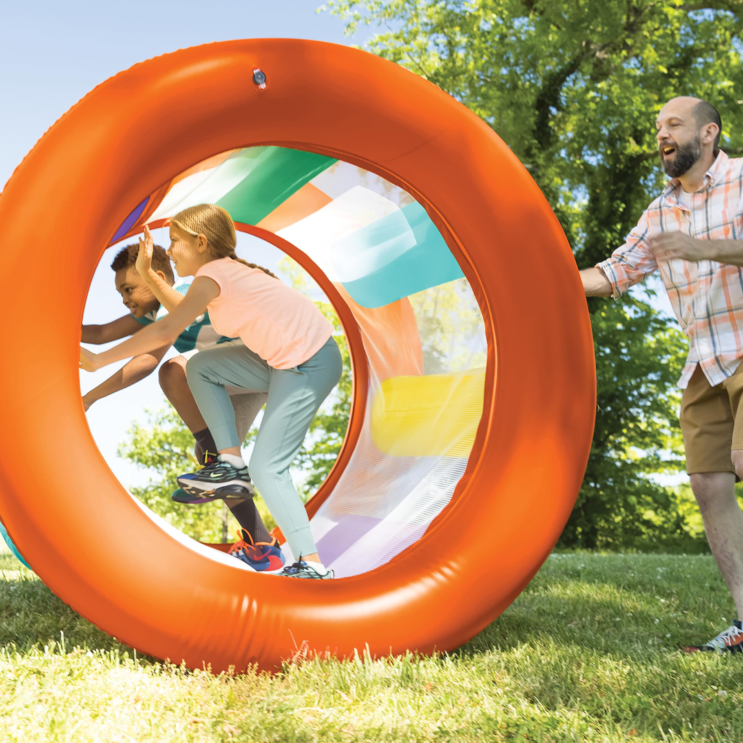 HearthSong Roll with It! 2.0 Giant Inflatable Rainbow Land Roller with Mesh Interior for Active Outdoor Play, 67" Outer Diam. x 45" Inner Diam., Holds up to 300 lbs.