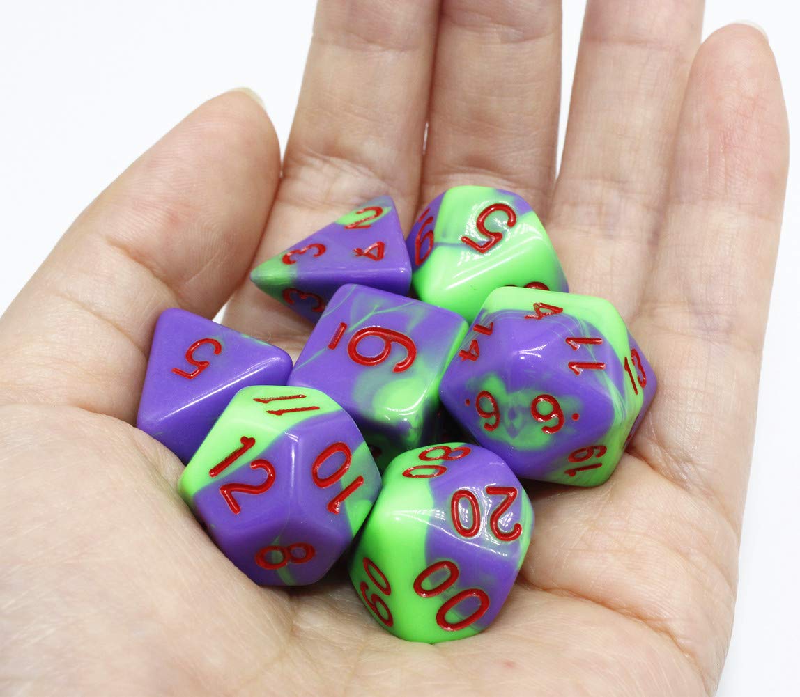 DND Dice Set Purple & Green RPG Polyhedral Dice Fit Dungeons and Dragons(D&D) Pathfinder MTG Tabletop Role Playing Game 7-Die Dice Set