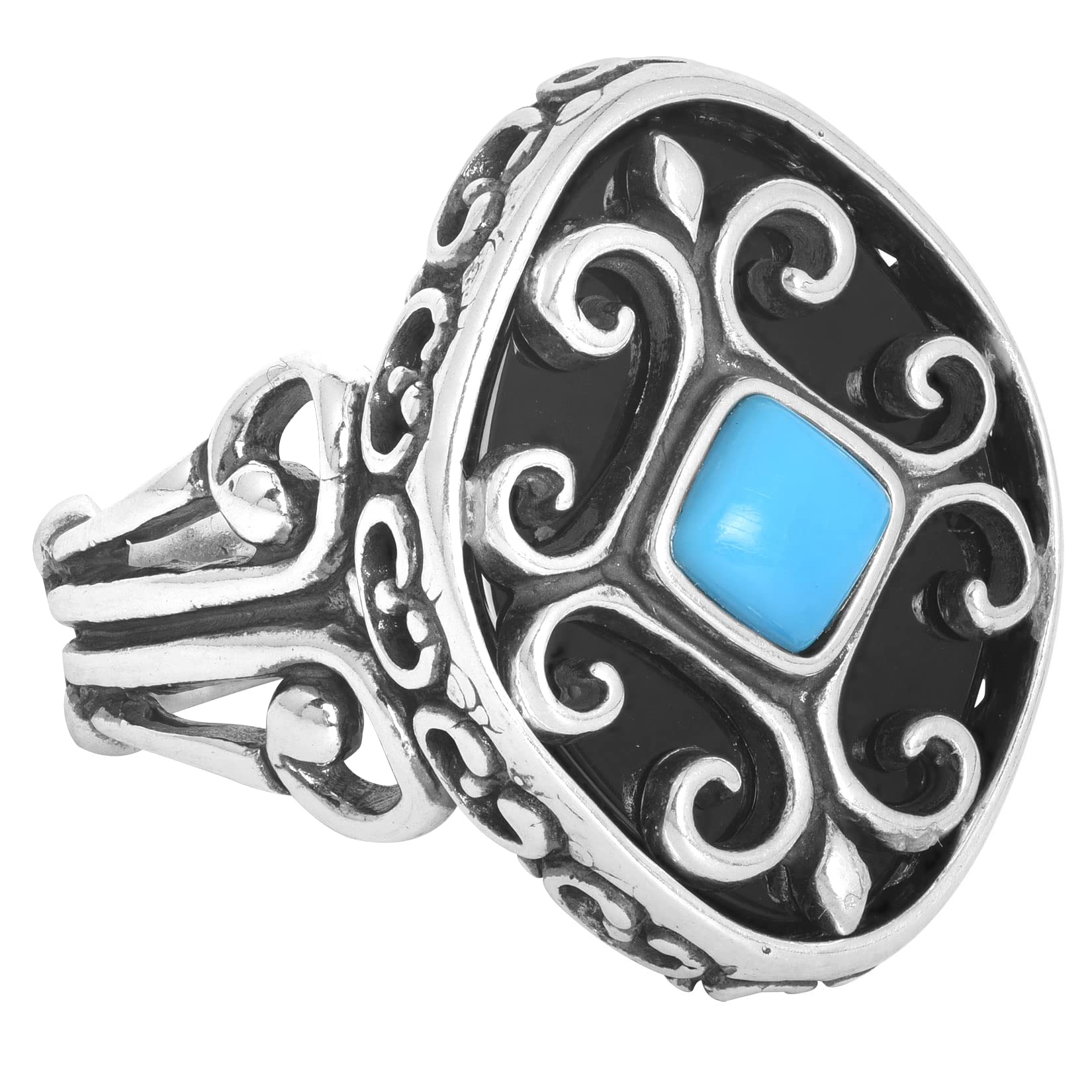 American West Sterling Silver Women's Ring Blue Turquoise & Black Agate Gemstone Elegant Swirls Design Size 6