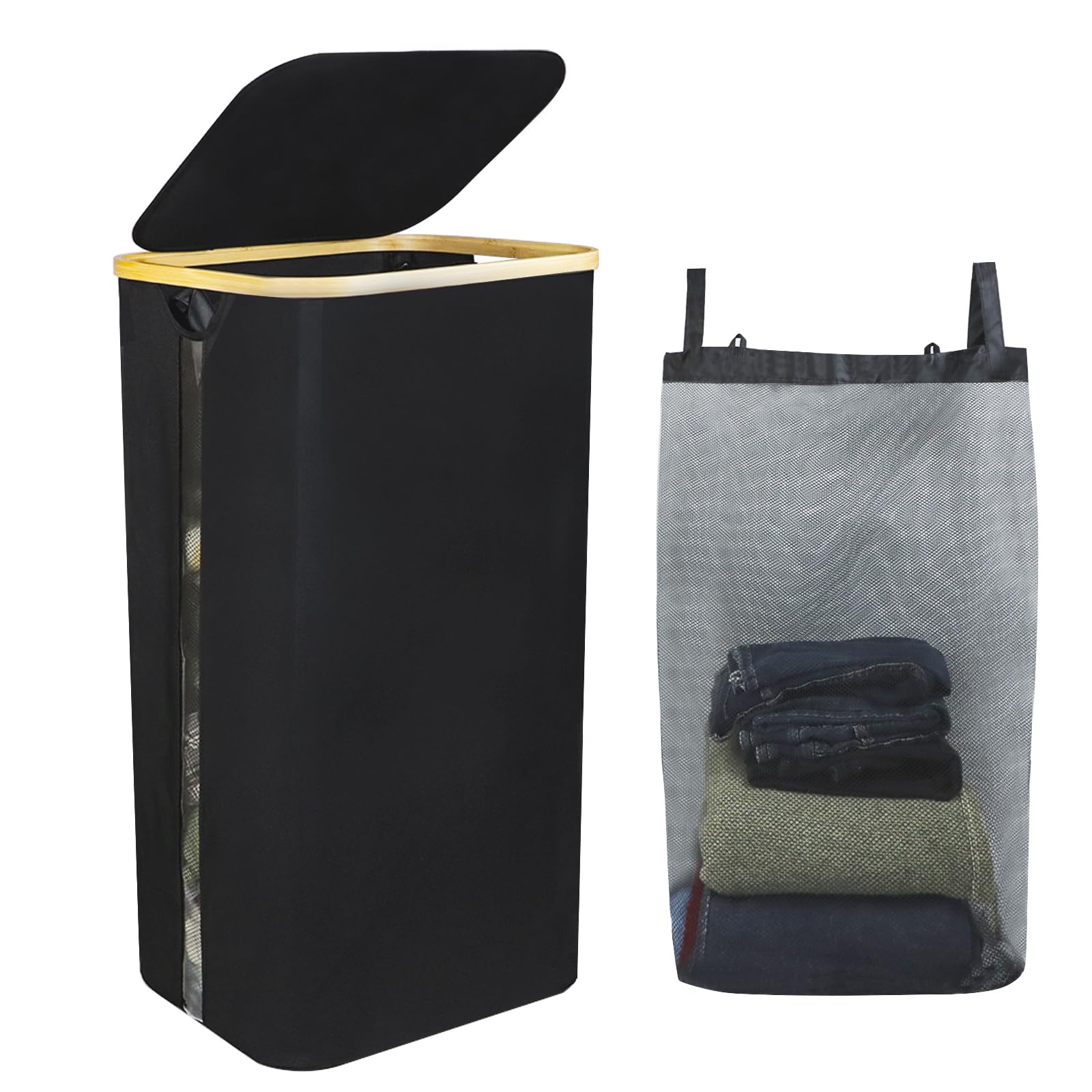 Laundry Basket with Lid, 100L Large Laundry Hamper with Lid & Removable Bag, Foldable Dirty Clothes Hamper with Bamboo Handles, Visible Clothes Basket Organizer for Bedroom, Bathroom & Laundry Room