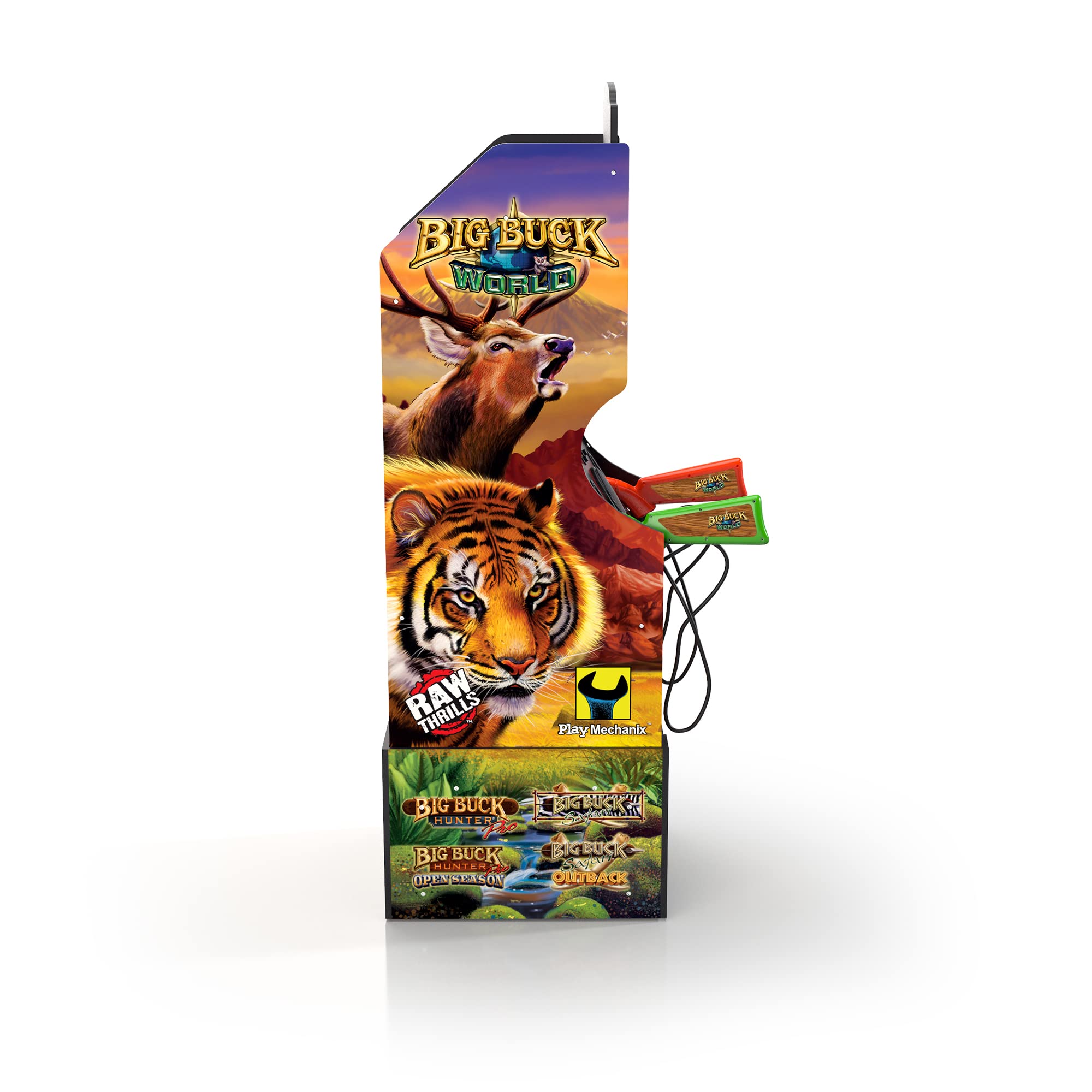 Arcade1Up Big Buck World Arcade Machine, 4-Foot — 2 Player Arcade Game Machine for Home — Includes Branded Arcade Game Riser, 4 Games in 1, and 2 “Light Gun” Game Rifles