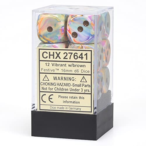 DND Dice Set-Chessex D&D Dice-16mm Festive Vibrant and Brown Plastic Polyhedral Dice Set-Dungeons and Dragons Dice Includes 12 Dice β D6