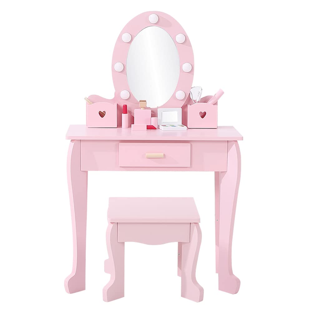 ShiningLove Kids Vanity Set with Mirror,Kids Vanity Table and Chair Set Girls' Makeup Dressing Table with Lights & Wood Makeup Playset for Age 4-9 Years