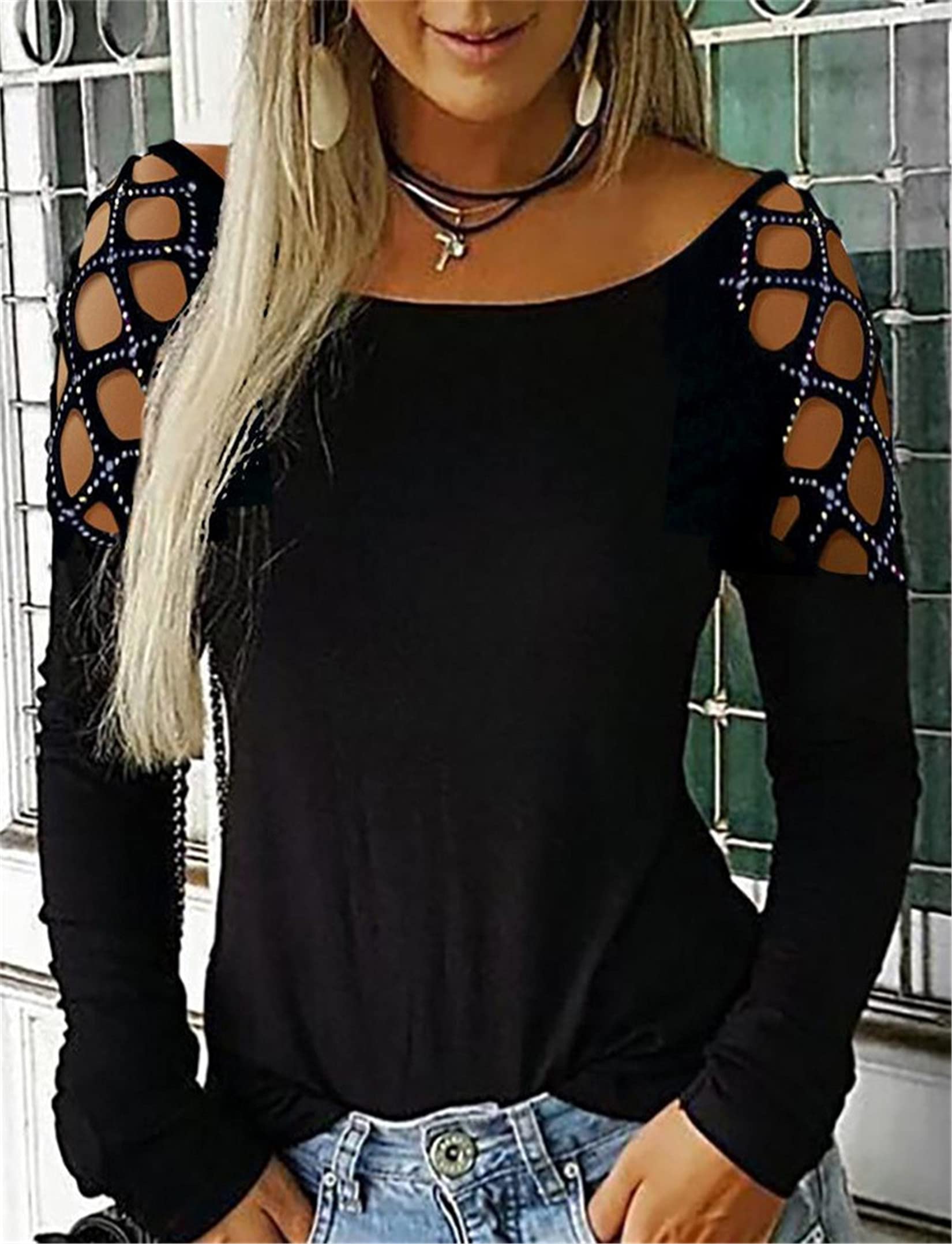 Andongnywell Women's Solid Color Casual Cold Shoulder Tops Long Sleeve Criss Cross Tunic Blouse Shirt (Black,XX-Large,)