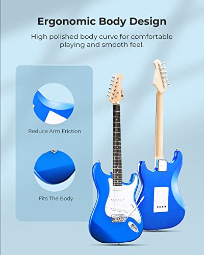 Electric Guitar 39 Inch Full Size Electric Guitar Beginner Starter Kit Bundle with Folding 10W Amp for Adults Teens,Metallic Blue, by Vangoa