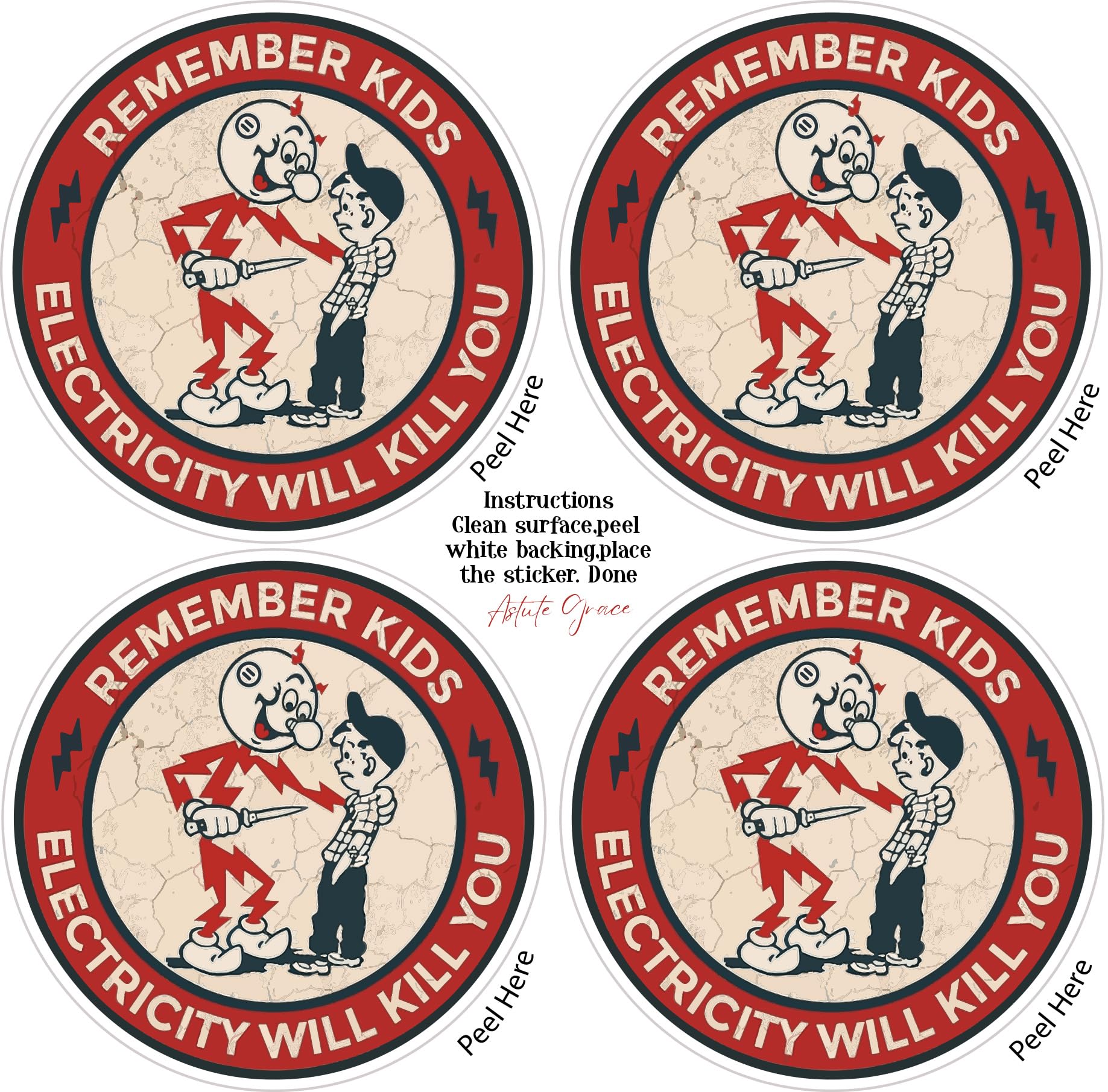 AG 4 PCS Remember Kids Electricity Will Kill You Decal Hard Hat Stickers Reddy Kilowatt Funny Electrician Mechanic Stickers, 3 Inch, Electricity Kills Sticker