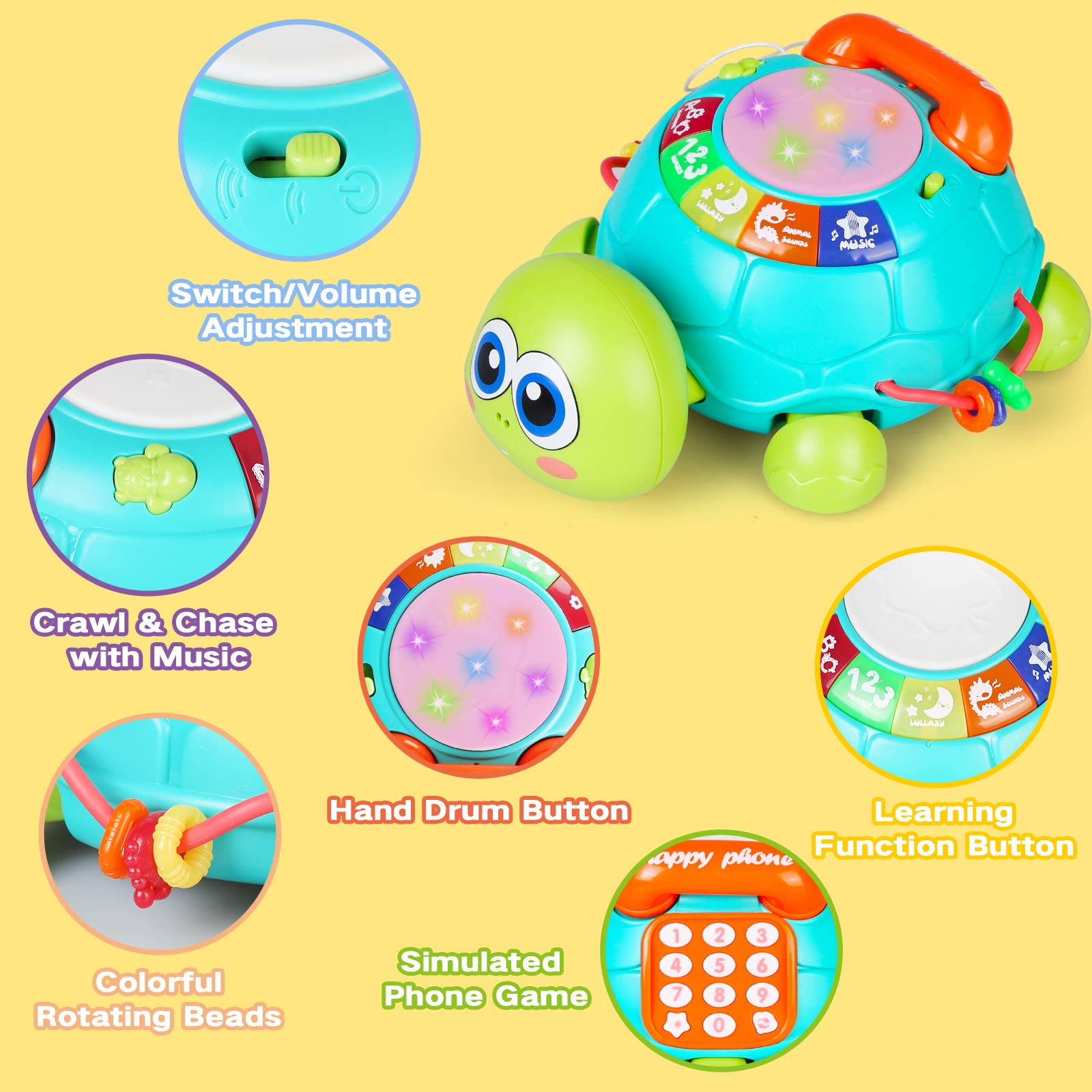 kramow Musical Turtle Toy, Early Educational Developmental Toys, Baby Learning Toy W/Lights & Sounds, Pretend Phone Call,Crawling Baby Toy