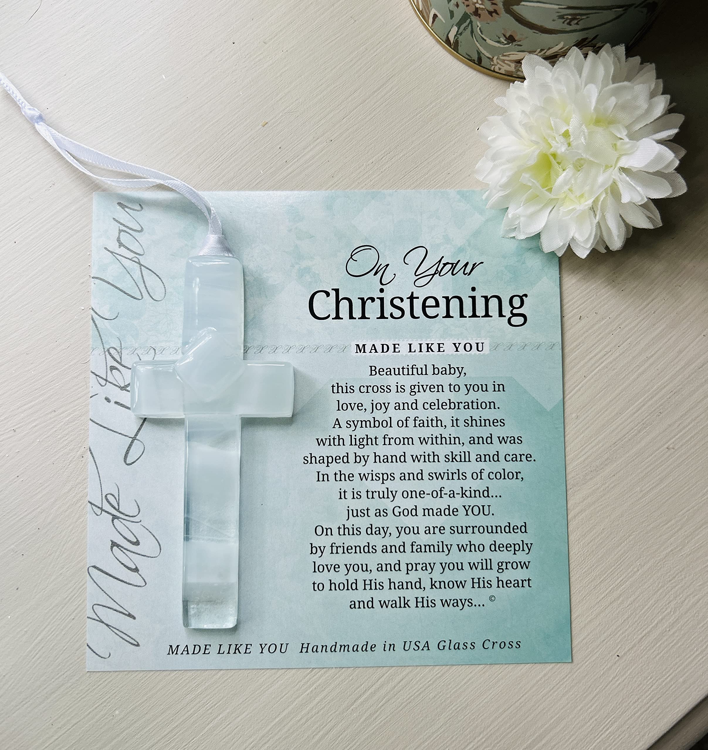 On Your Christening, Beautiful Baby Aqua/Clear Handmade Glass Cross Keepsake Gift