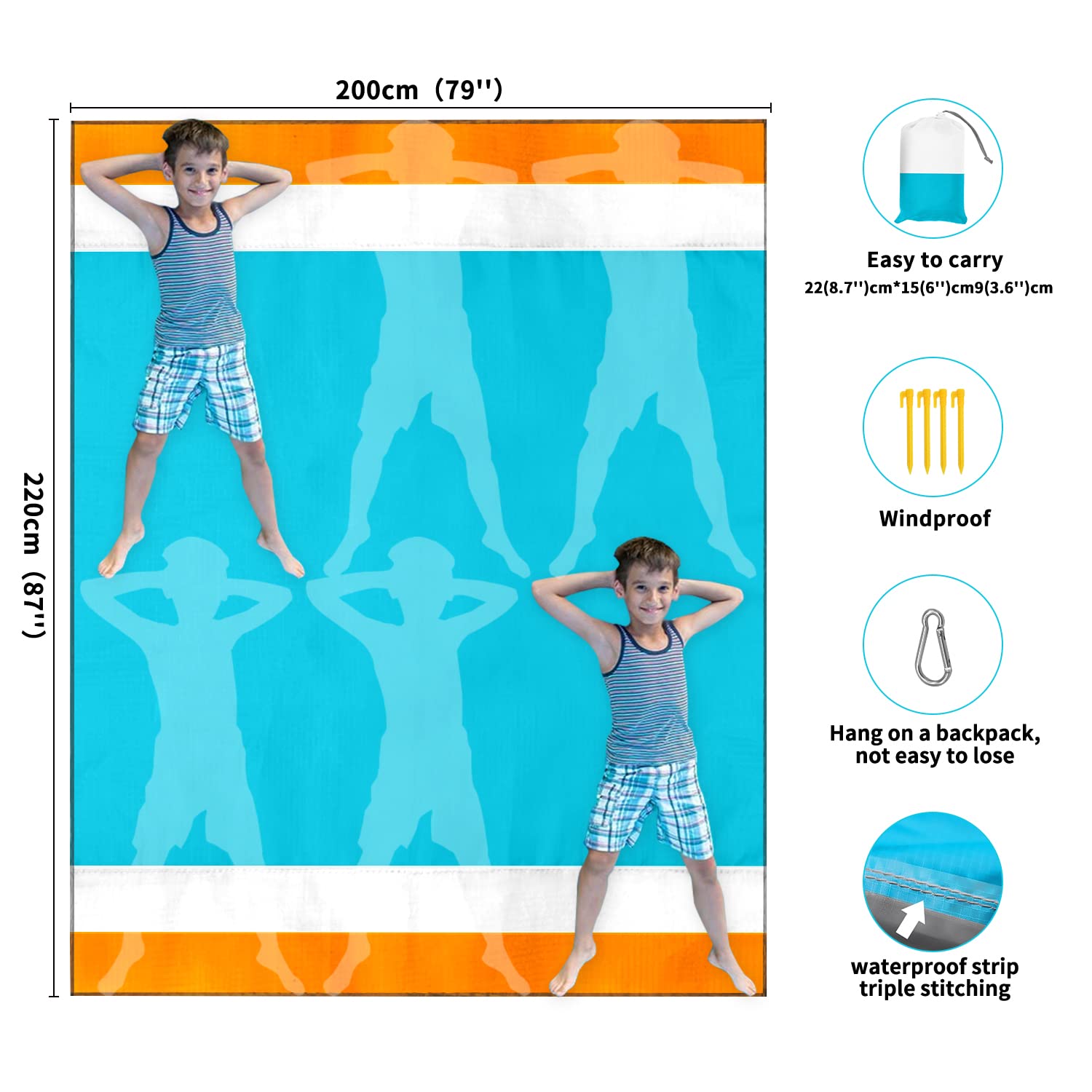 Aocktobar Beach Blanket, 79''×86'' Blankets Sandproof for 4-7 Adults, Oversized Lightweight Beach Mat, Portable Picnic Mat, Sand Proof Mat for Beach,Travel(Blue