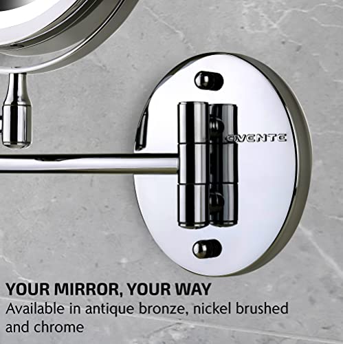 OVENTE 7" Lighted Wall Mount Makeup Mirror with 1X/10X Magnification, Cordless Double Sided Magnifying Round Vanity Mirror, 360° Swivel Design, Extendable and Folding Arm, Polished Chrome MFW70CH1X10X
