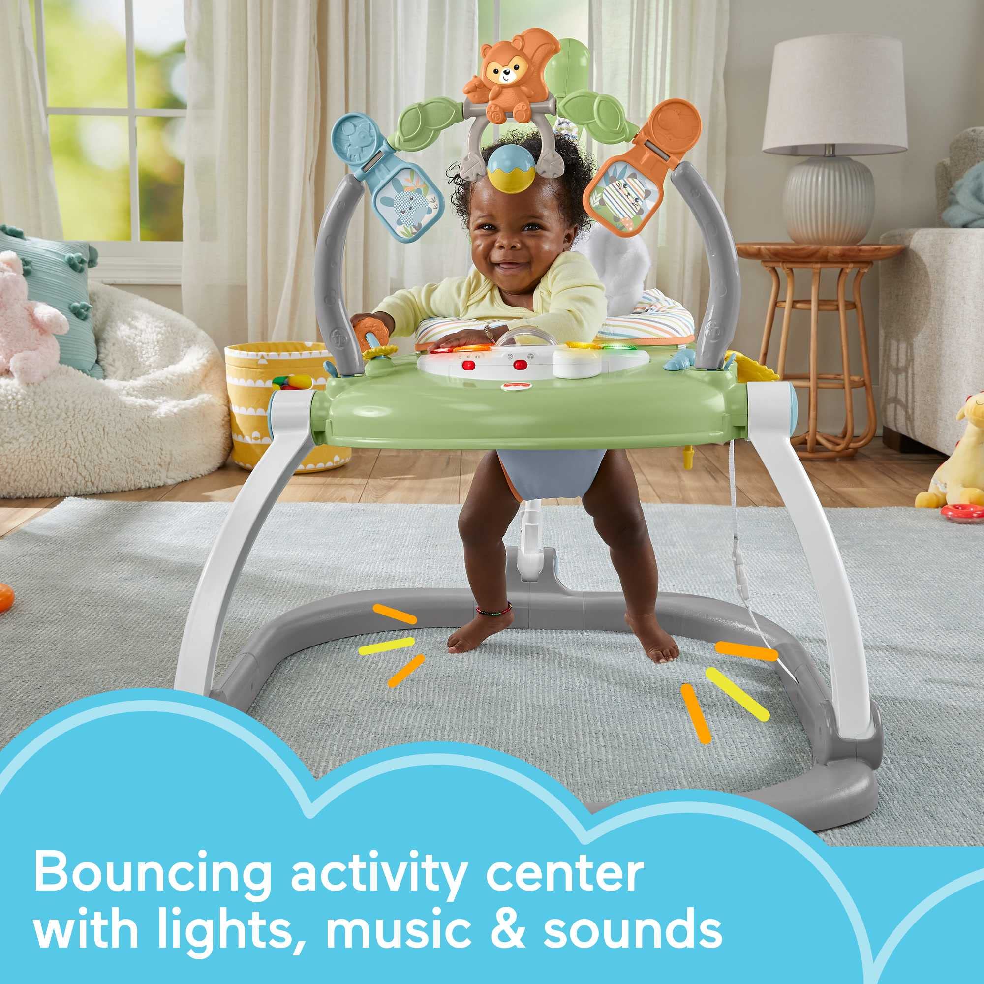 Fisher-Price Baby Bouncer SpaceSaver Jumperoo Activity Center with Lights Sounds and Folding Frame, Sweet Snugapuppy