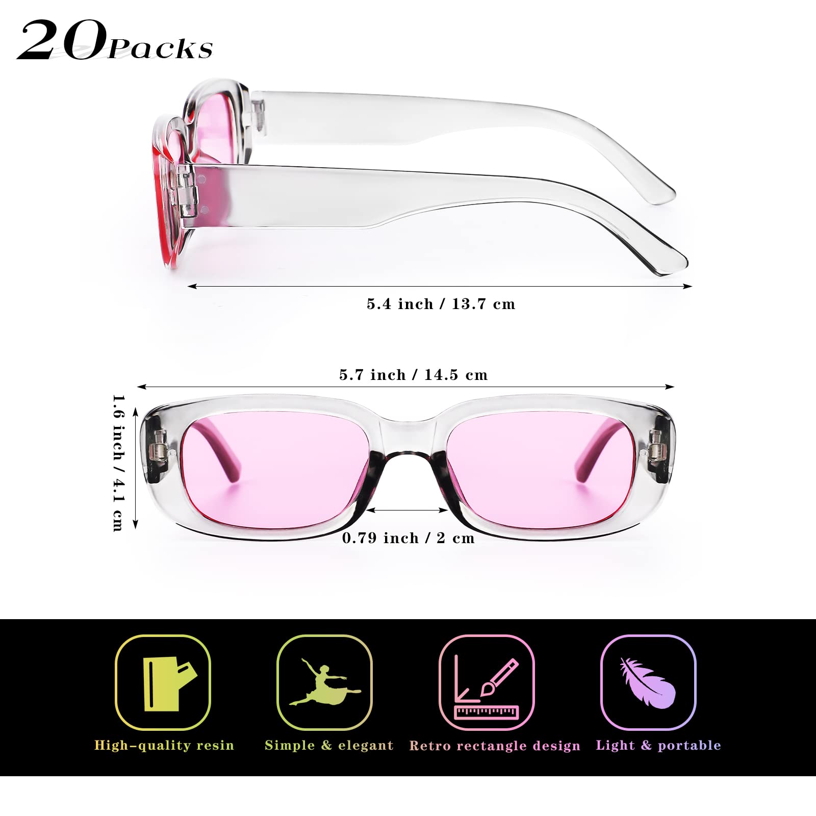 Aodaer 20 Pack Small Rectangle Sunglasses 90s Vintage Square Eyewear Retro Trendy Wide Frame Sunglasses for Women Girls