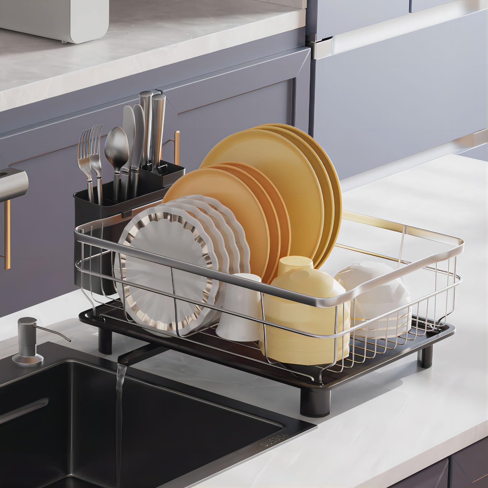 AIDERLY Stainless Steel Dish Drying Rack with Drainboard Dish Drainers for Kitchen Counter Sink Adjustable Spout Dish Strainers with Utensil Holder and Knife Slots, Black