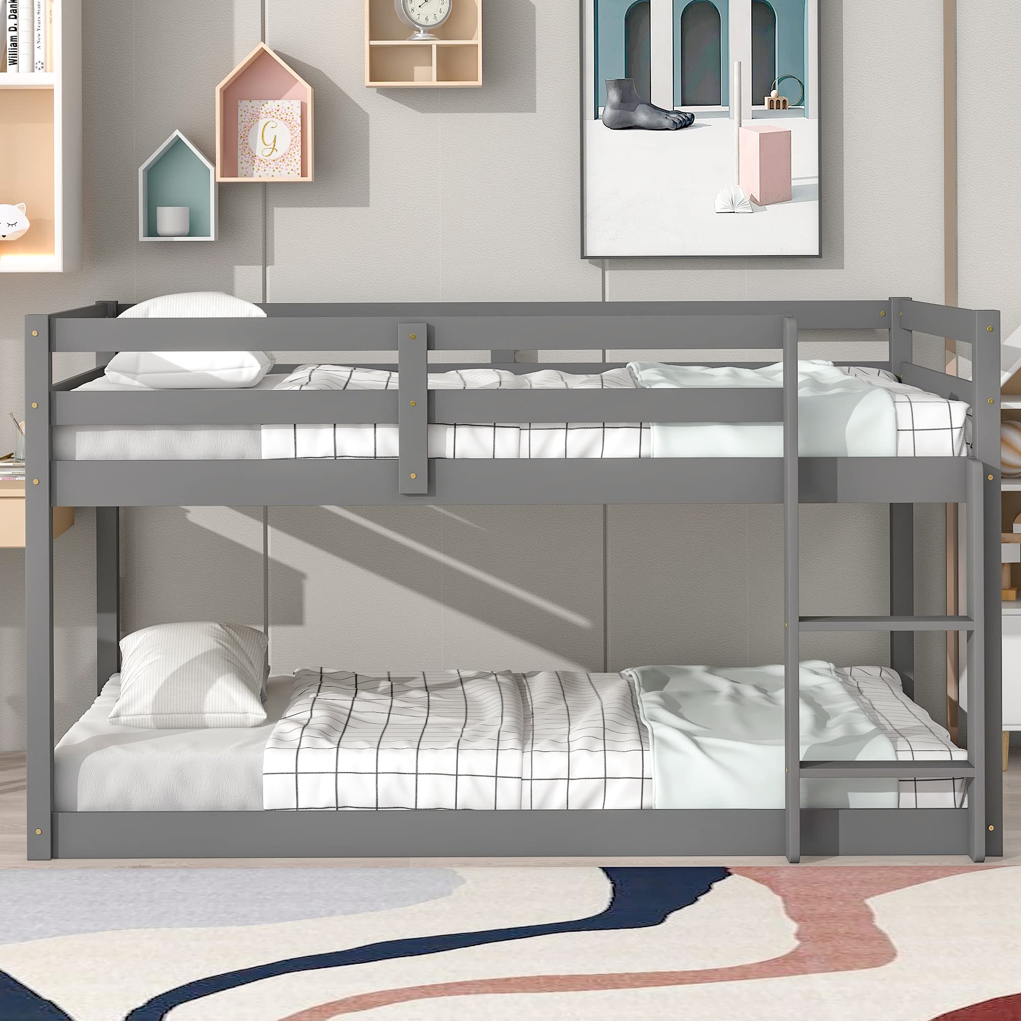 Bunk Beds Twin Over Twin, Wood Kids Low Bunk Bed with Guard Rails, Ladder for Young Children Boys Girls Dormitory Bedroom, No Box Spring Needed (Grey)