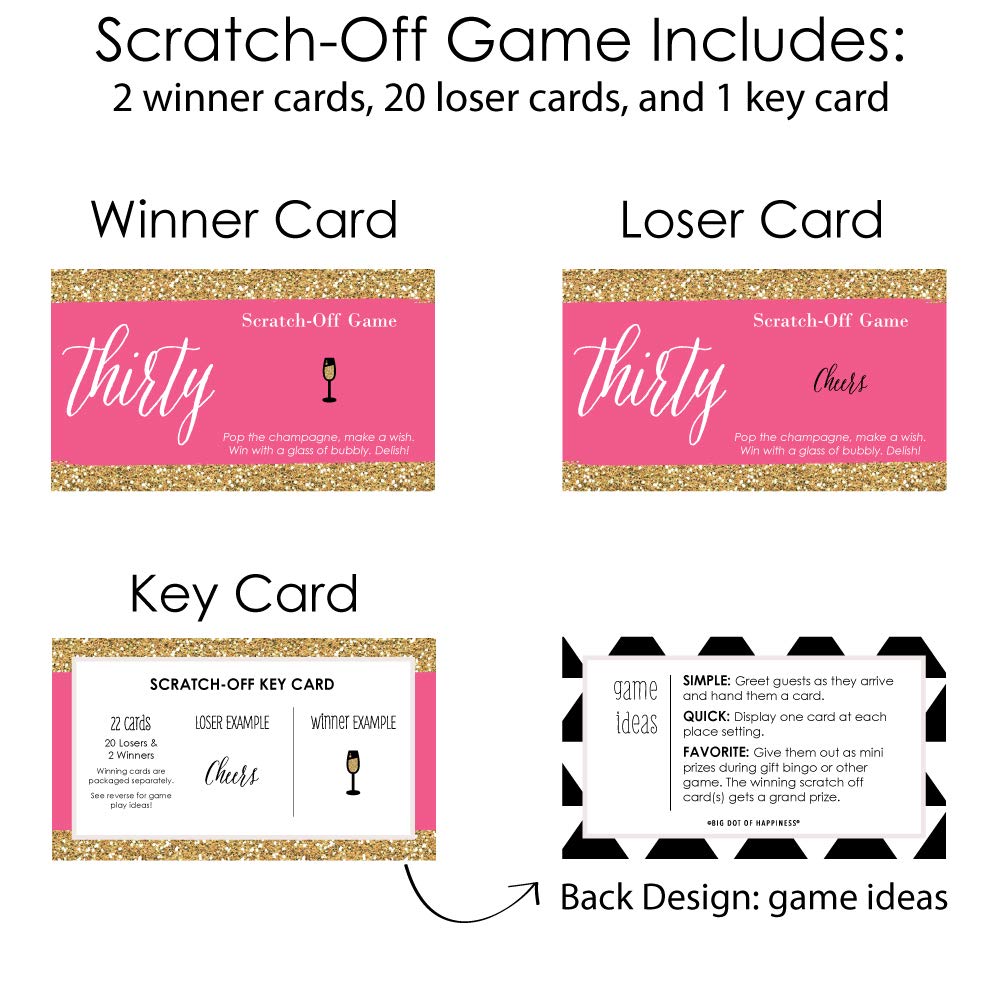 Big Dot of Happiness Chic 30th Birthday - Pink and Gold - Birthday Party Game Scratch Off Cards - 22 Count