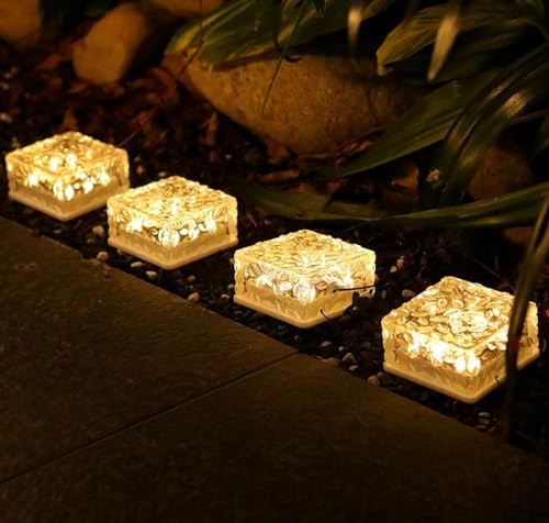 Solar Lights Outdoor Waterproof LED Rock Lights Brick Lights Pavers Lights Landscaping Lights for Garden, Patio, Pathway, Yard Decor 4x4 Size (Warm White 4Pack)