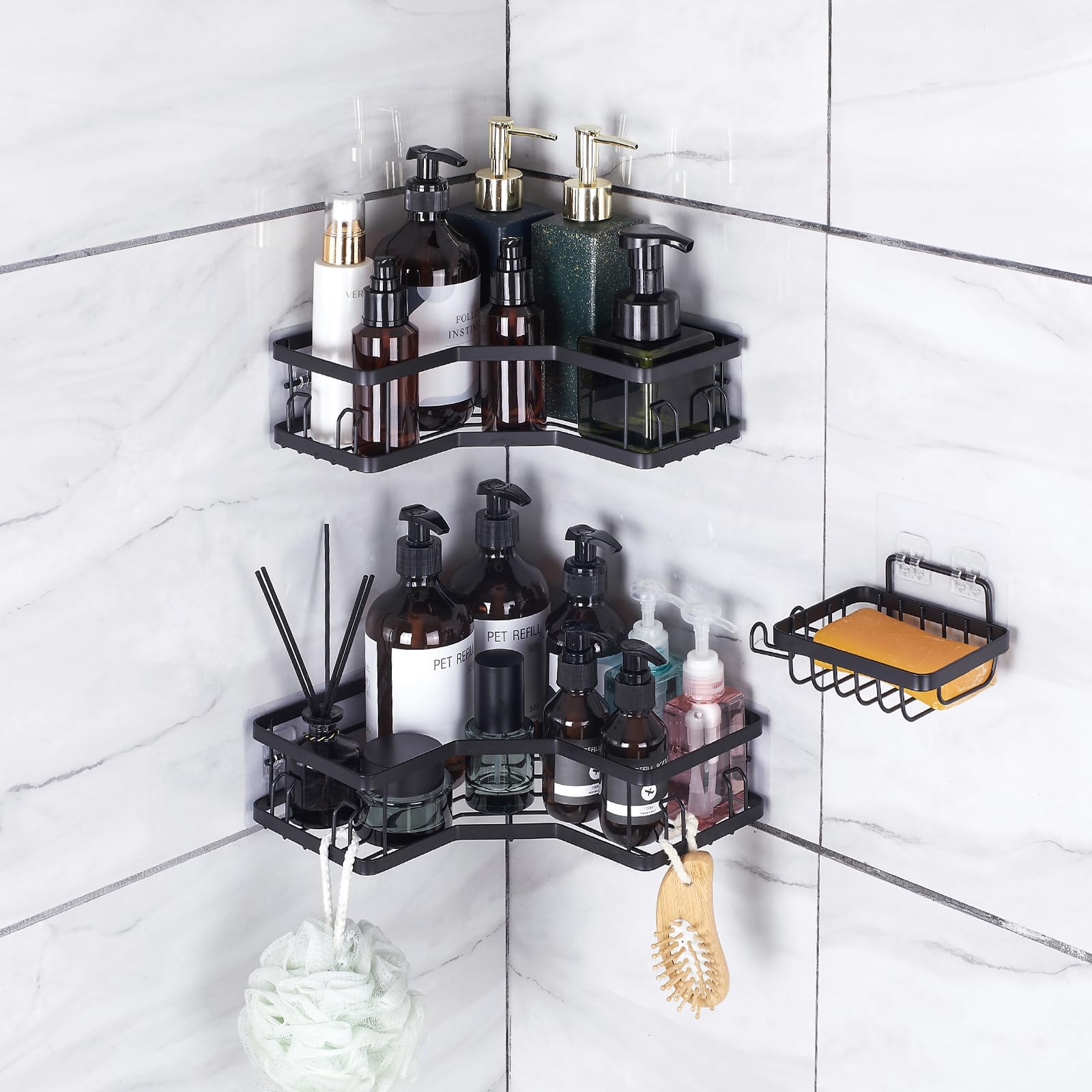 B BSIASIO Shower Car -3-Piece Set, With Soap Holder and Hook, Rust Resistant Stainless Steel Bathroom Shower Car, Non Drilled Wall Mount Bracket, Corner Shower, Black