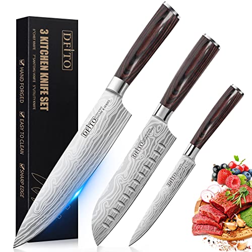 Dfito Chef Knife 3PCS, Professional Kitchen Knives,High Carbon Stainless Steel Chefs Knife Set, Ultra Sharp Blade, Ergonomic Handle and Gift Box for Home or Restaurant…