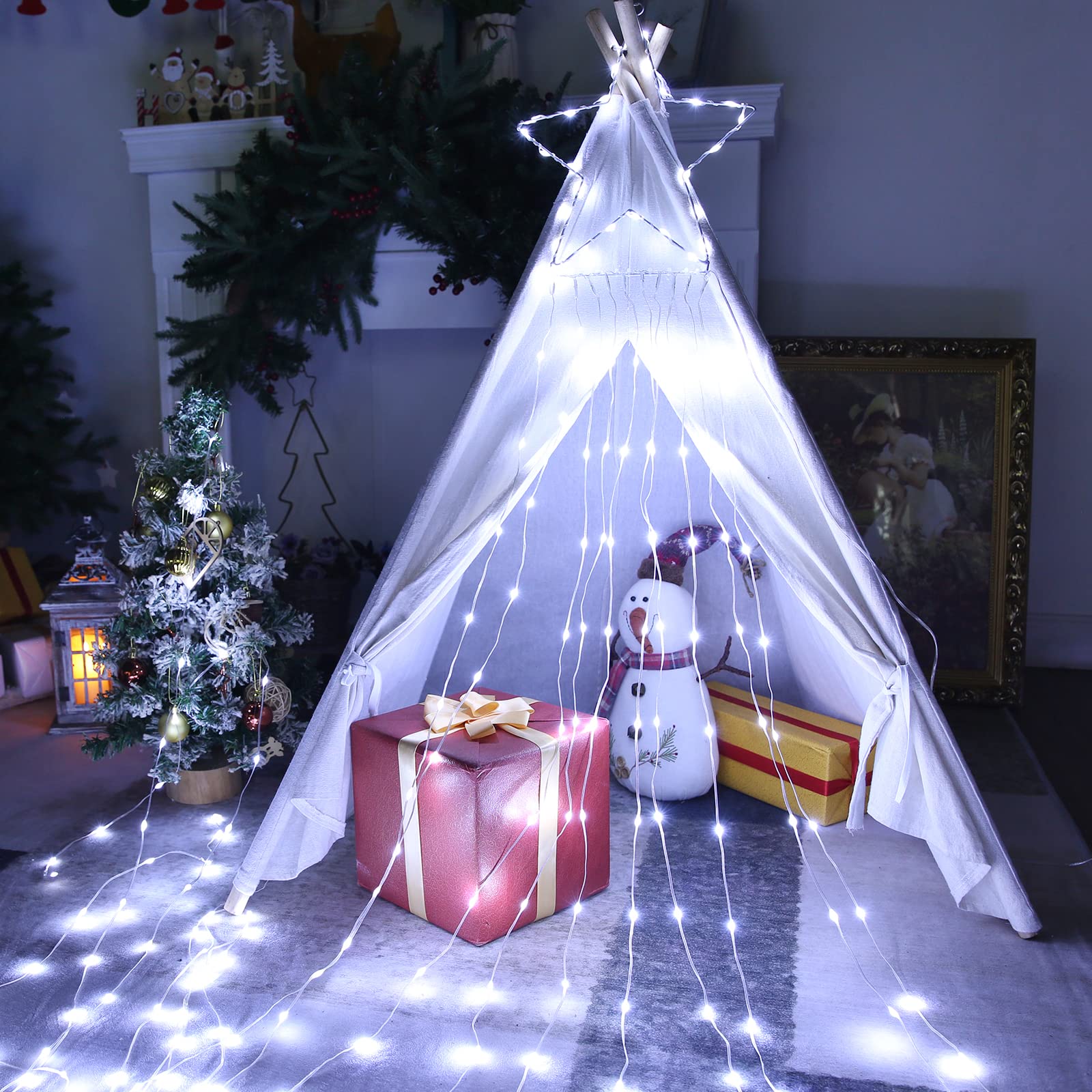 Flacchi White Star Holiday Lights 320 LED Waterfall Tree Lights with 11" Topper Star Christmas Lights 8 Modes Timer Waterproof Fairy Lights Indoor Outdoor Decorative for Patio Garden Wedding Decor