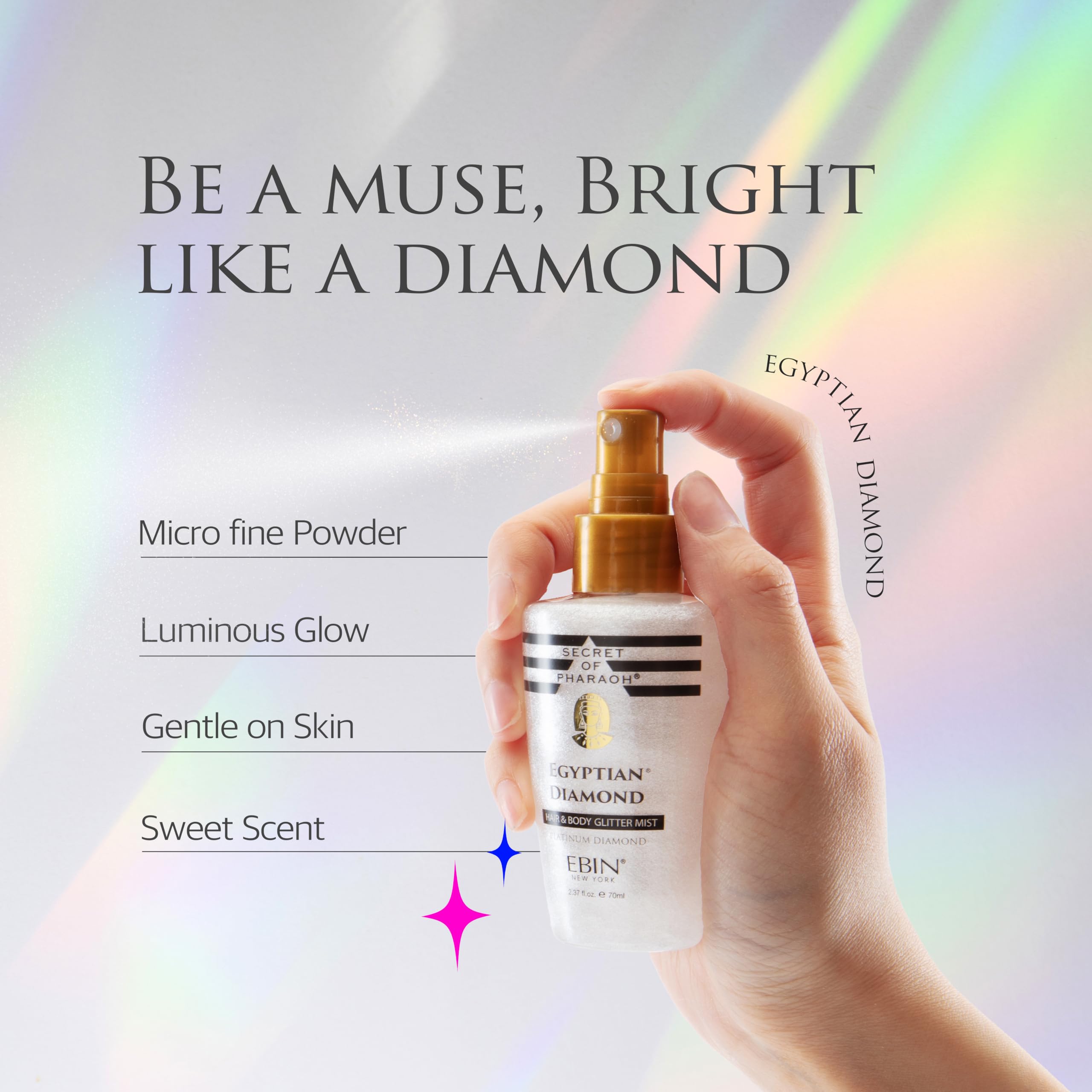 EBIN NEW YORK Egyptian Diamond Hair, Face & Body Glitter Mist - Gold 2.37oz | Quick-Drying, Long-Lasting Shiny Spray for Clothes, Rave, Festival, Travel Essentials | TikTok Trend Items