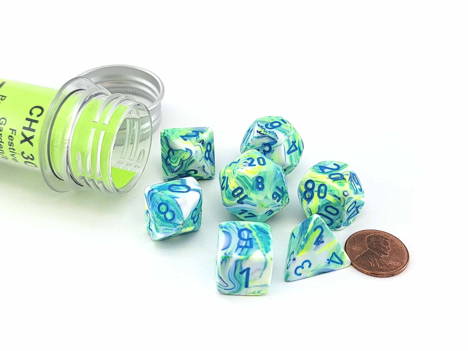 Garden Festive Luminary Dice with Blue Numbers 7+1 Dice Set 16mm (5/8in) Limited Edition Lab Dice Chessex