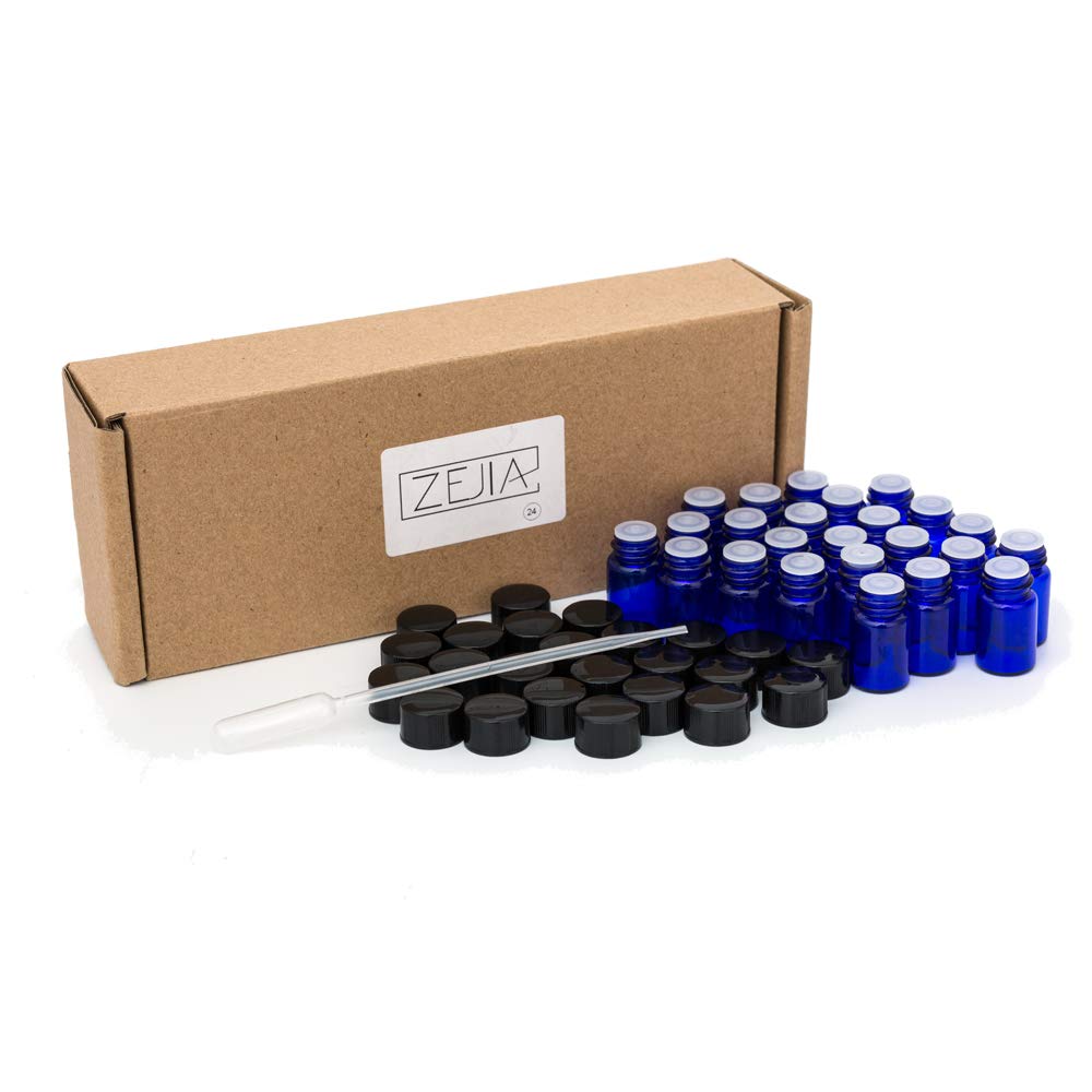 ZEJIA Essential Oil Bottles, 2ML Mini Glass Oil Bottles, 24 Packs Oil Vials Sample Bottles, Anointing Oil Bottles with Black Caps, 2 Droppers