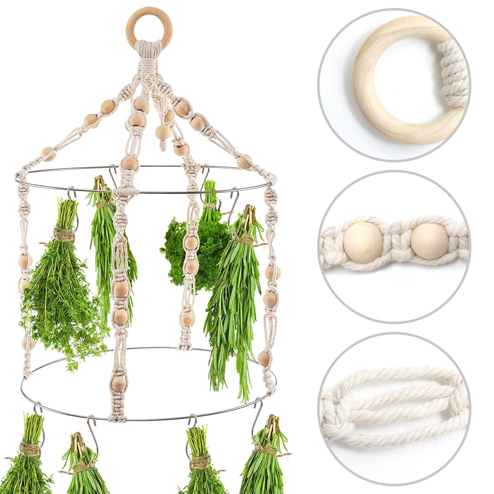 ZUDKSUY Double Hanging Drying Rack with 15 Hooks Hand-Woven Hanging Vegetable Drying Rack, Air-Dried Vegetable and Dried Fruit Rack for Air-Dried Plants, Spices and Flowers