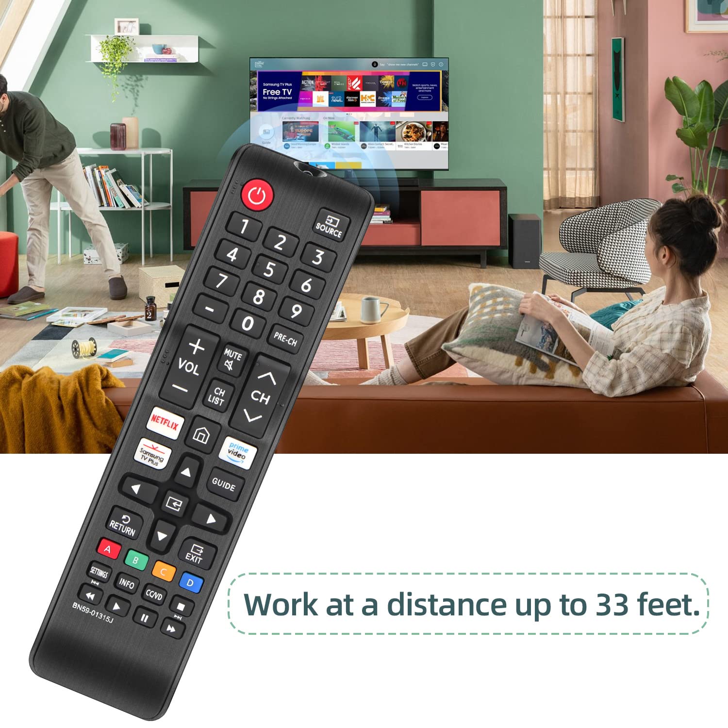 Gvirtue Remote Control BN59-01315J Replacement for Samsung-Smart-TV-Remote Samsung LED LCD QLED 4K 8K UHD 3D HDTV HDR Curved Crystal Smart TV with Netflix, Prime Video, Samsung TV Plus Button