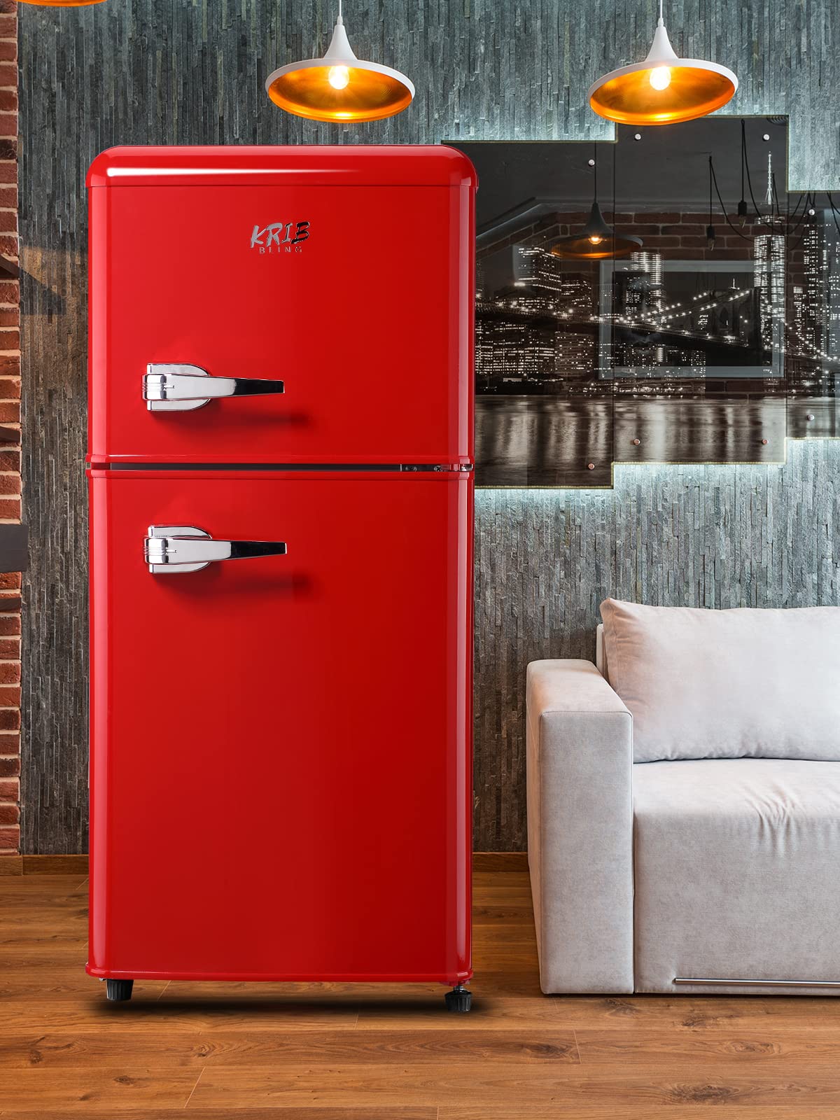 KRIB BLING 3.5 Cu.Ft Refrigerator with Freezer Double Door 7 Level Adjustable Thermostat for Dorm, Bar, Office,Kitchen, Apartment Red (KB02 FLS-80G-RED)