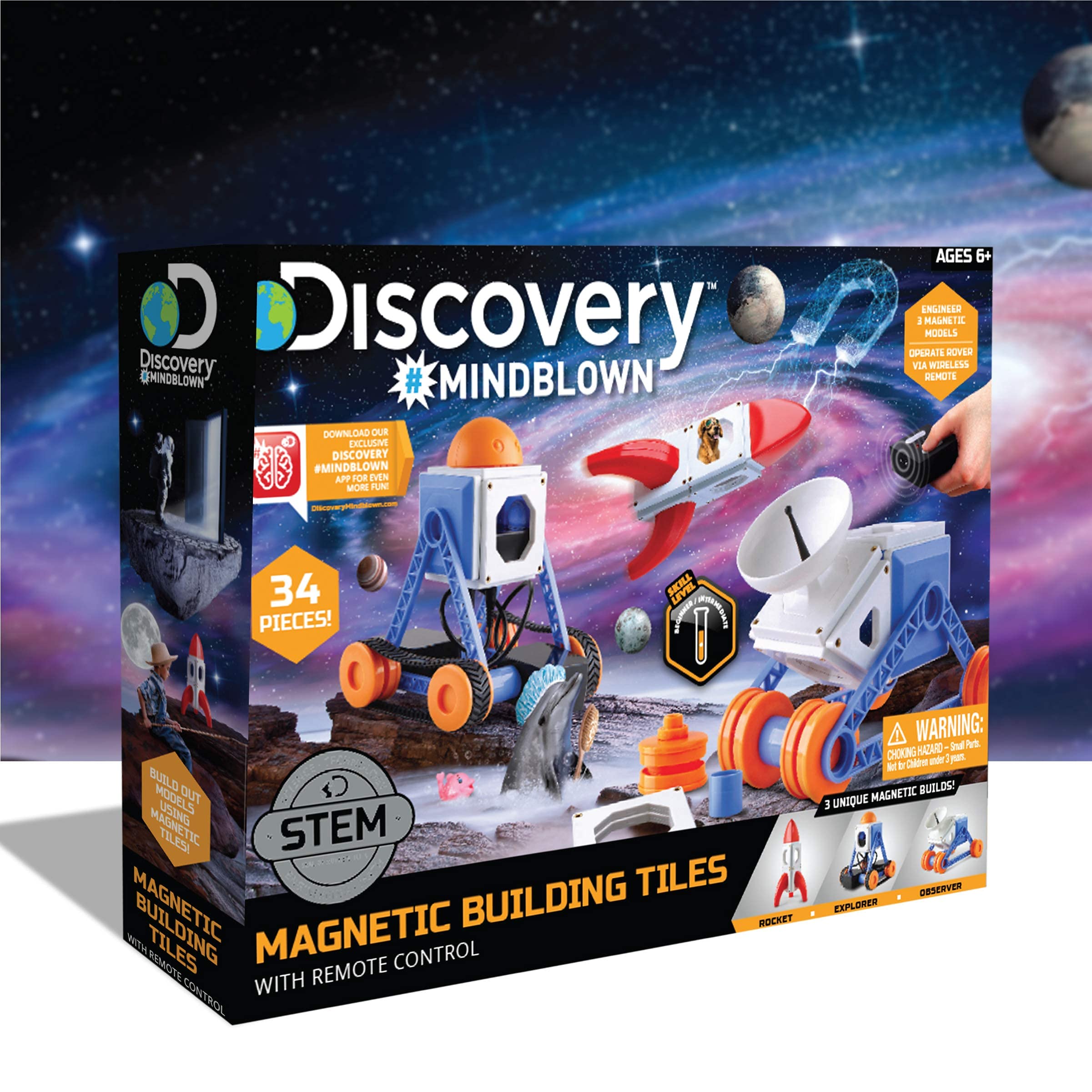 Discovery #MINDBLOWN Customizable Magnetic Building Tiles with Remote Control, 34-Piece Play Set, Build 3 Intergalactic Models, Includes 2 Powered Motors, STEM Toy for Boys and Girls