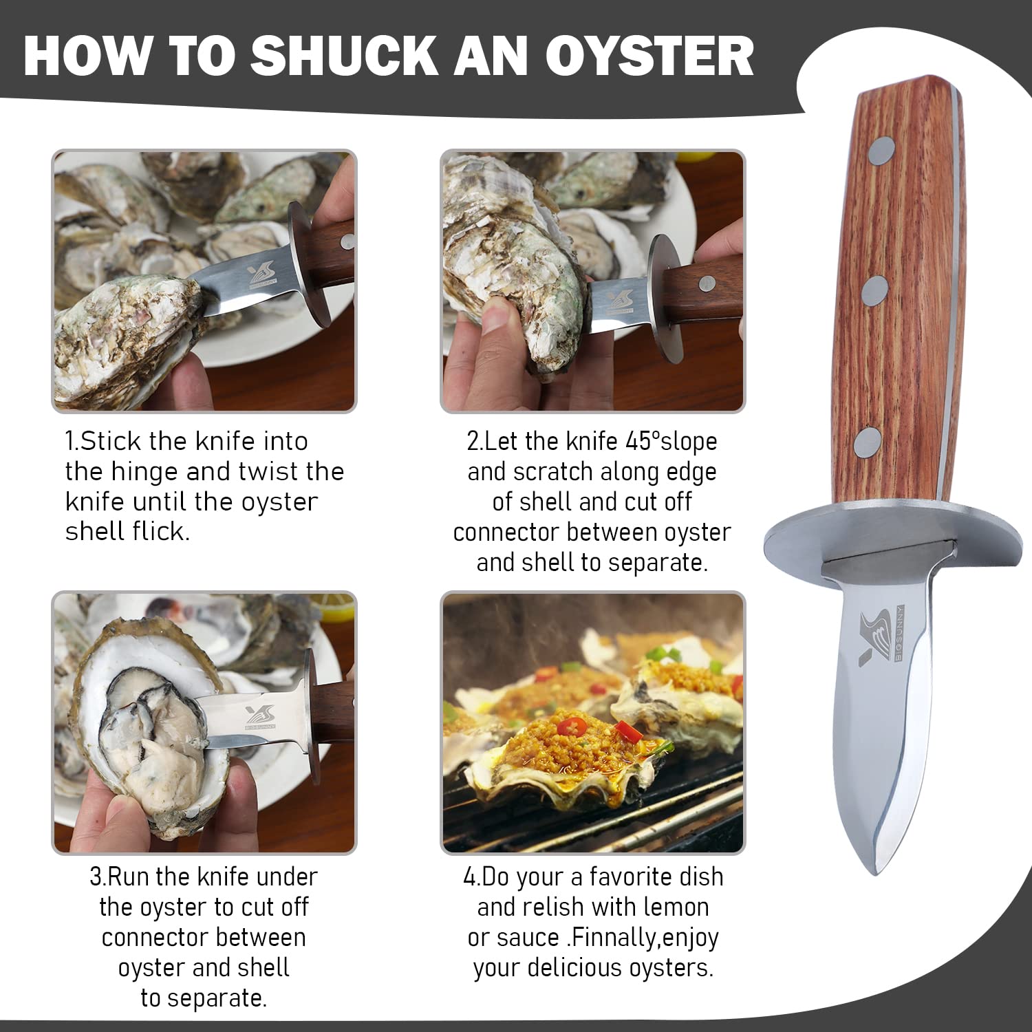 MSY BIGSUNNY Oyster Shucker Knife with Rosewood Handle - Full Tang Stainless Steel