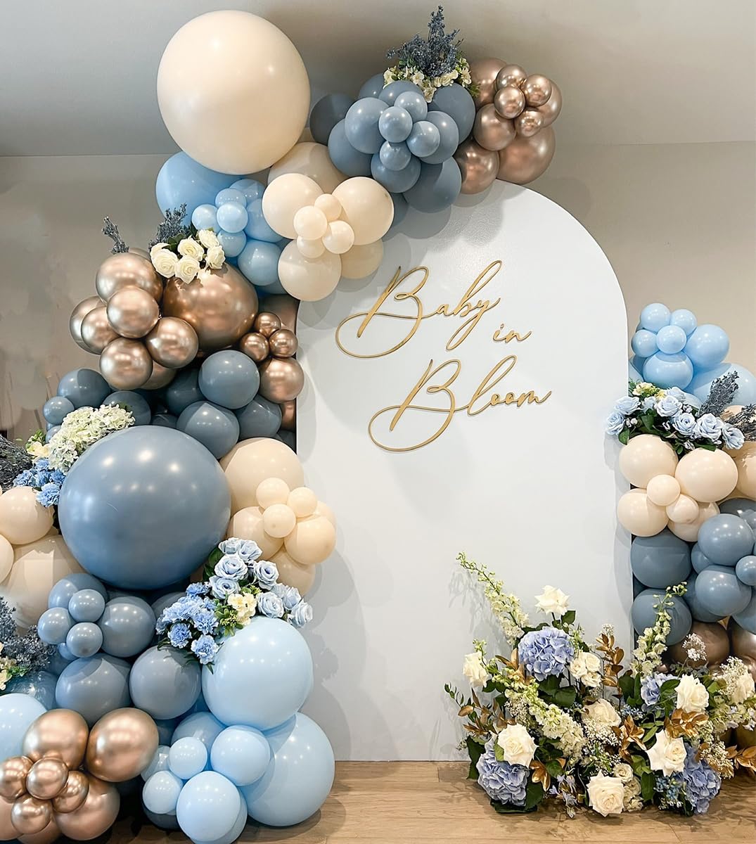 Baby in Bloom Balloon Garland Arch Kit, 150Pcs Dusty Baby Blue Sand White Champagne Gold Latex Balloons for Boho Baby Shower Bridal Shower Birthday Party Decorations