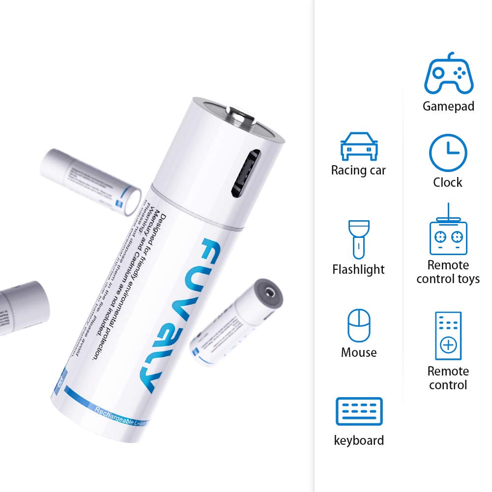 FUVALY USB Rechargeable AA Batteries 1500mAh High Capacity 1.5V Fast Charging Lithium Rechargeable Batteries with 4 in 1 USB Charging Cable can be Charged Either by 5V Charger or USB (4 Pack)