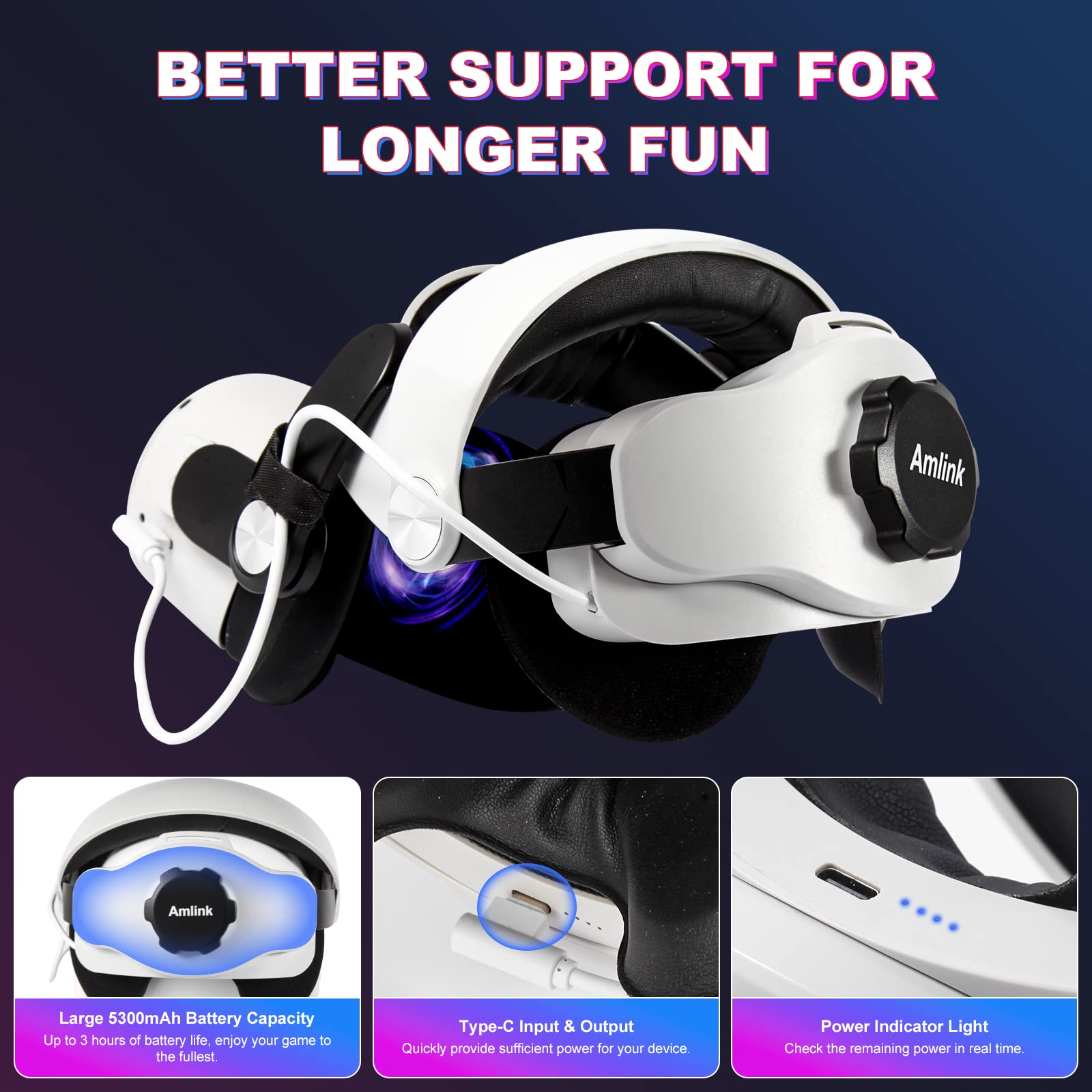 AMLINK MQ2 Pro Head Strap with 5300mAh Battery for Oculus/Meta Quest 2, Rechargable Adjustable Elite Strap for Quest 2 Replacement Accessories for Enhanced Support and Comfort