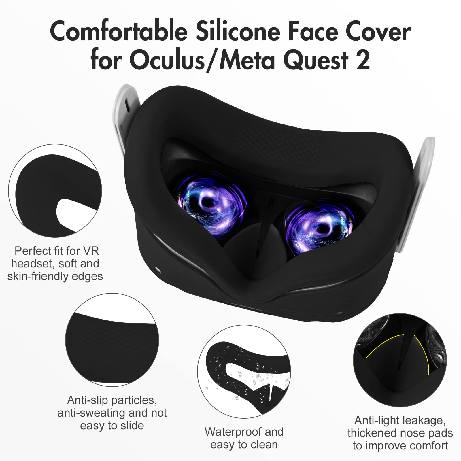 AMLINK VR Silicone Cover Accessories for Oculus Quest 2, VR Shell Cover Protective, Silicone Face Cover, Adjustable Strap Controller Grip Cover and Remote Sensing Rod Cap(Black)