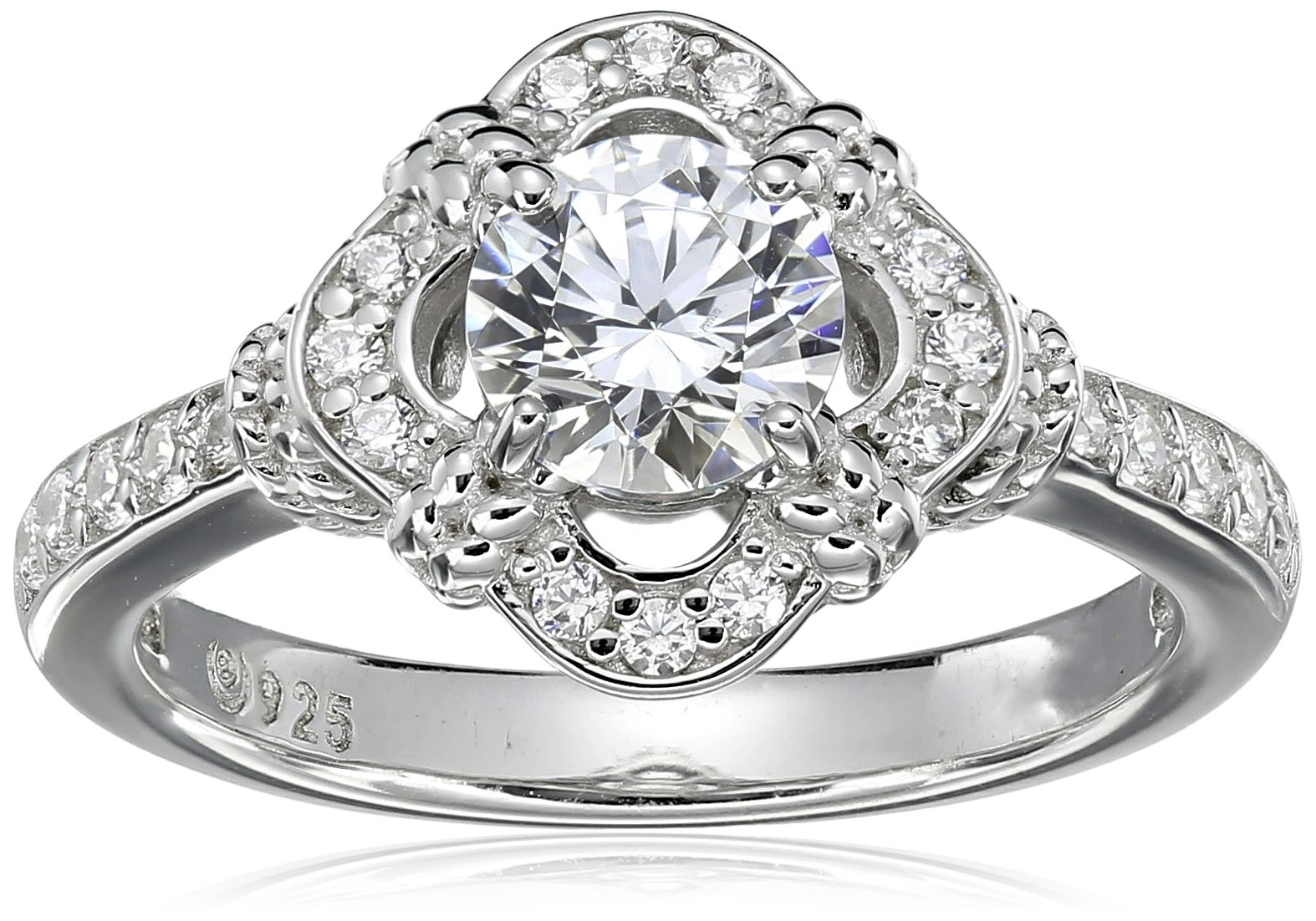 Amazon Essentials Sterling Silver Platinum Plated Infinite Elements Cubic Zirconia Framed Halo Antique Ring, Size 6, (previously Amazon Collection)