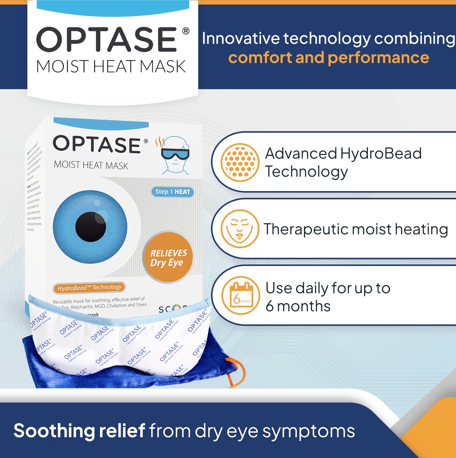 Optase Moist Heat Mask – Heated Eye Mask for Dry Eyes With HydroBead Technology – Washable, Microwaveable Compress – Holds Heat for 10 Minutes