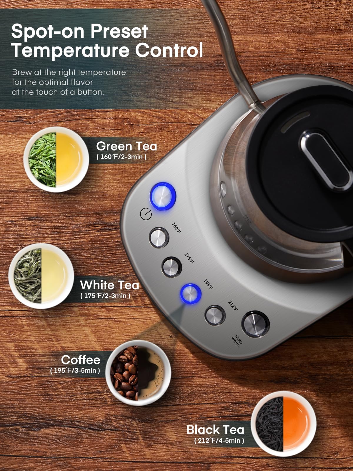 Aiheal Electric Gooseneck Kettle, Glass Electric Tea Kettle with 4 Temperature Control Presets and Keep Warm Function, Pour Over Kettle for Coffee and Tea, Hot Water Boiler, Quick Heating, 1200W/0.8L