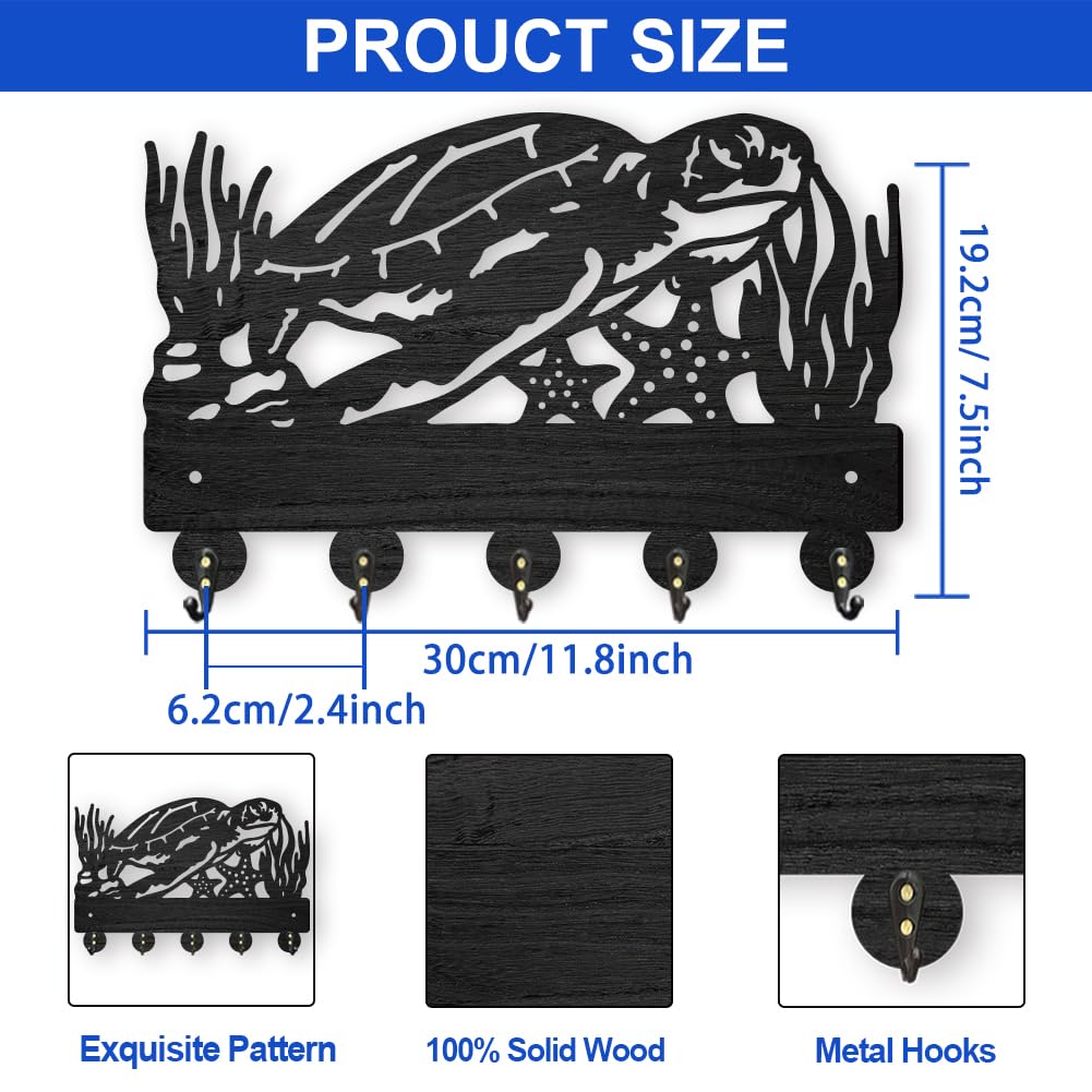 INFUNLY Ocean Theme Key Holder with 5 Key Hooks Black Wall Mounted Key Hangers Turtle Key Hangers Wood Key Rack for Home Decor Hallway, Entryway, Bedroom, Mudroom, Office 11.8inchx7.6inch