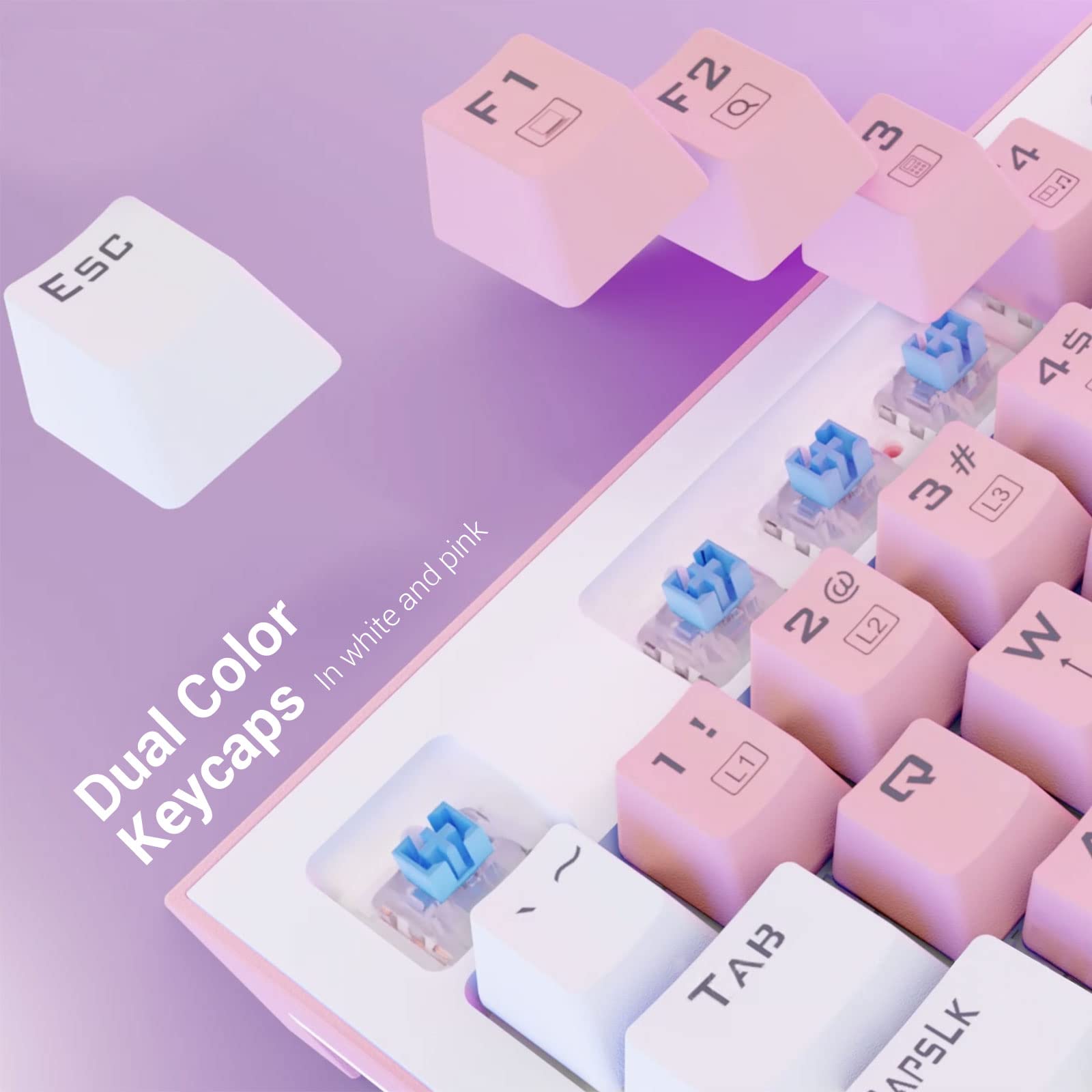Redragon K611 Dual Color Keys Mechanical Gaming Keyboard Single White LED + RGB Side Edge Backlit 87 Key Tenkeyless Wired Computer Keyboard with Blue Switches for Windows PC (White + Pink)