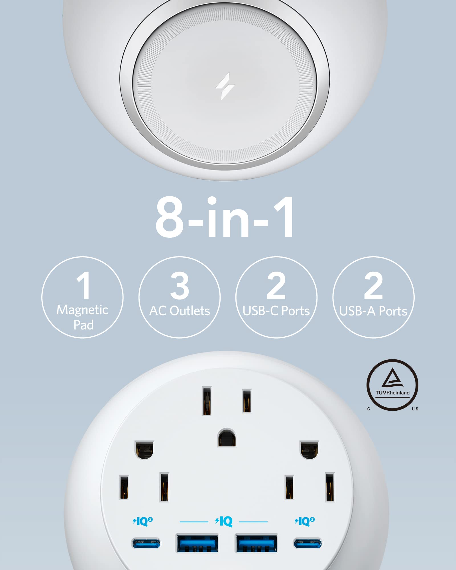 Anker 637 Magnetic Charging Station (MagGo) - Versatile 8-in-1 Power Strip, Desktop Accessory with 3 AC, 2 USB A, 2 USB C, Max 65W for Fast Charging, Compact Size for Easy Portability