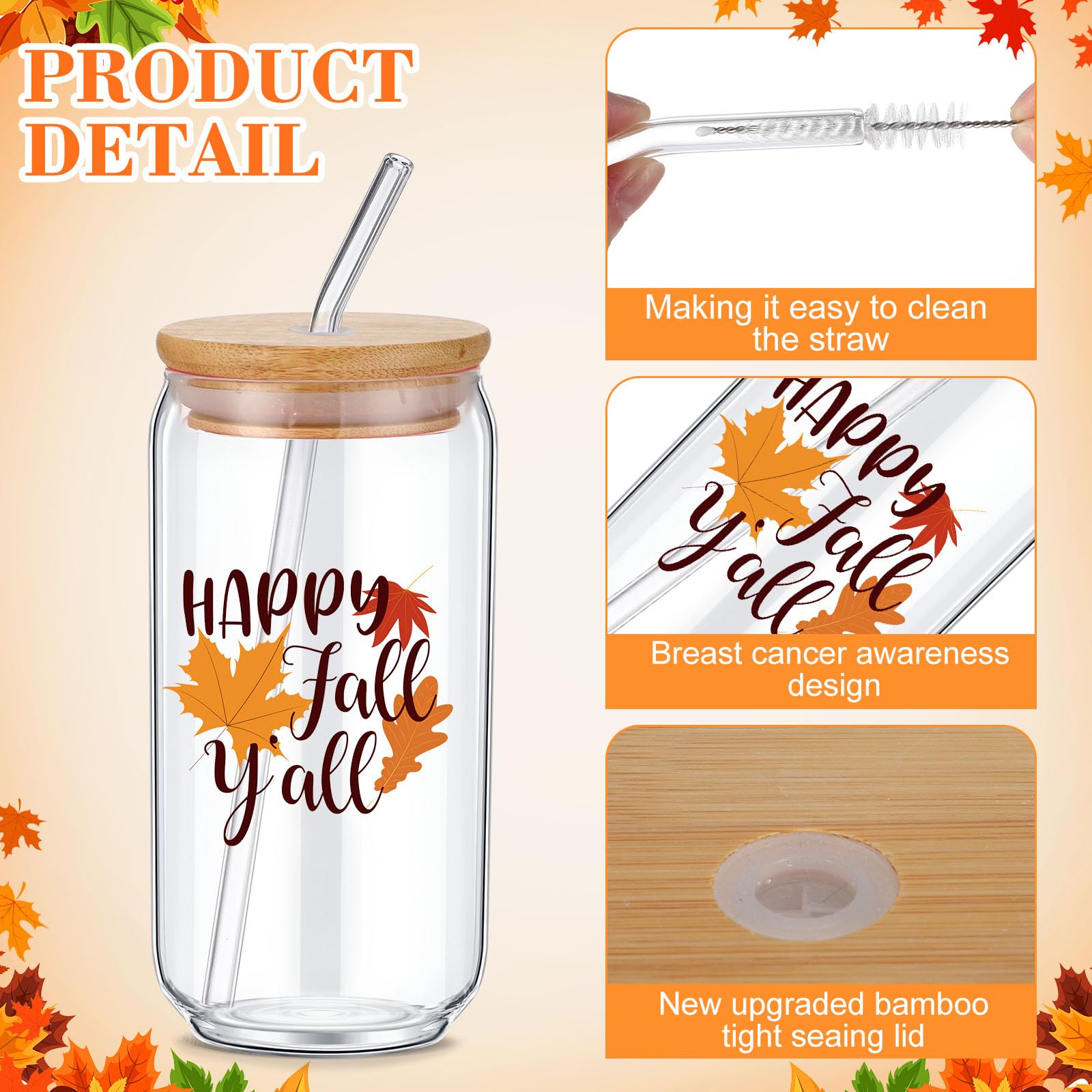 Suttmin 6 Pcs Fall Glass Coffee Cups with Lids and Straw 16 oz Thanksgiving Maple Beer Glass Cup Pumpkins Can Fall Iced Drinking Cup Fall Decor for Thanksgiving Gift Autumn